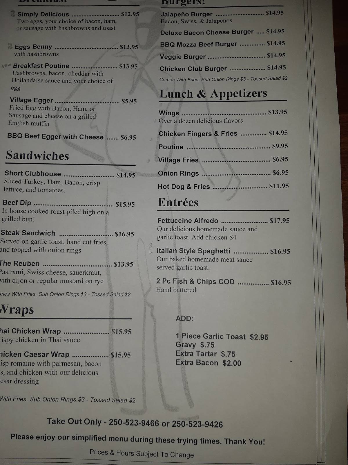 Menu at Pick & Shovel Pub, Logan Lake
