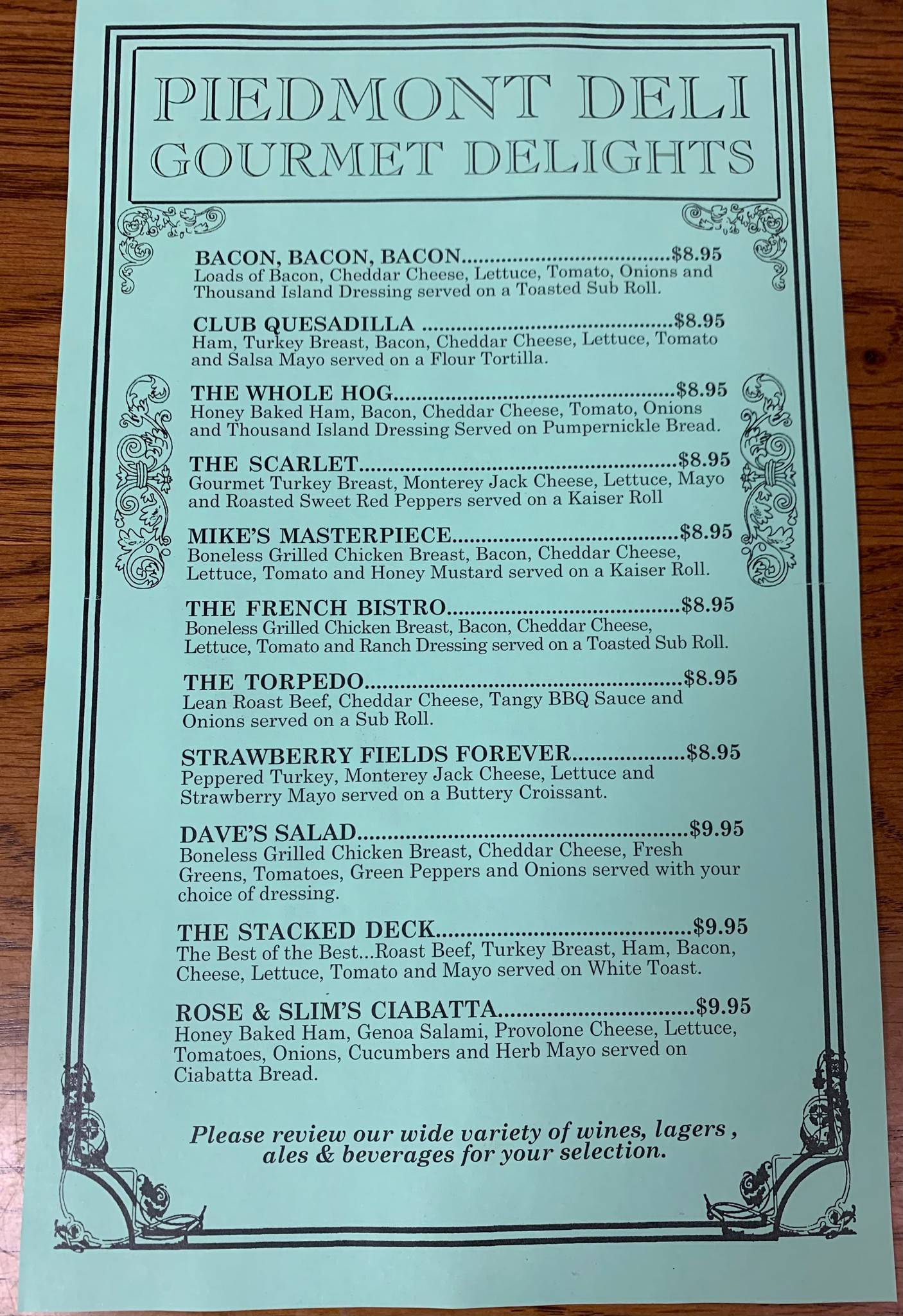 Menu at Piedmont Deli restaurant, Madison