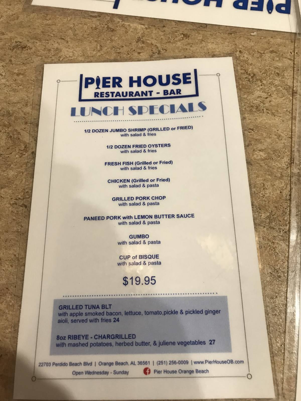 Menu at Pier House Restaurant Bar Orange Beach, Orange Beach