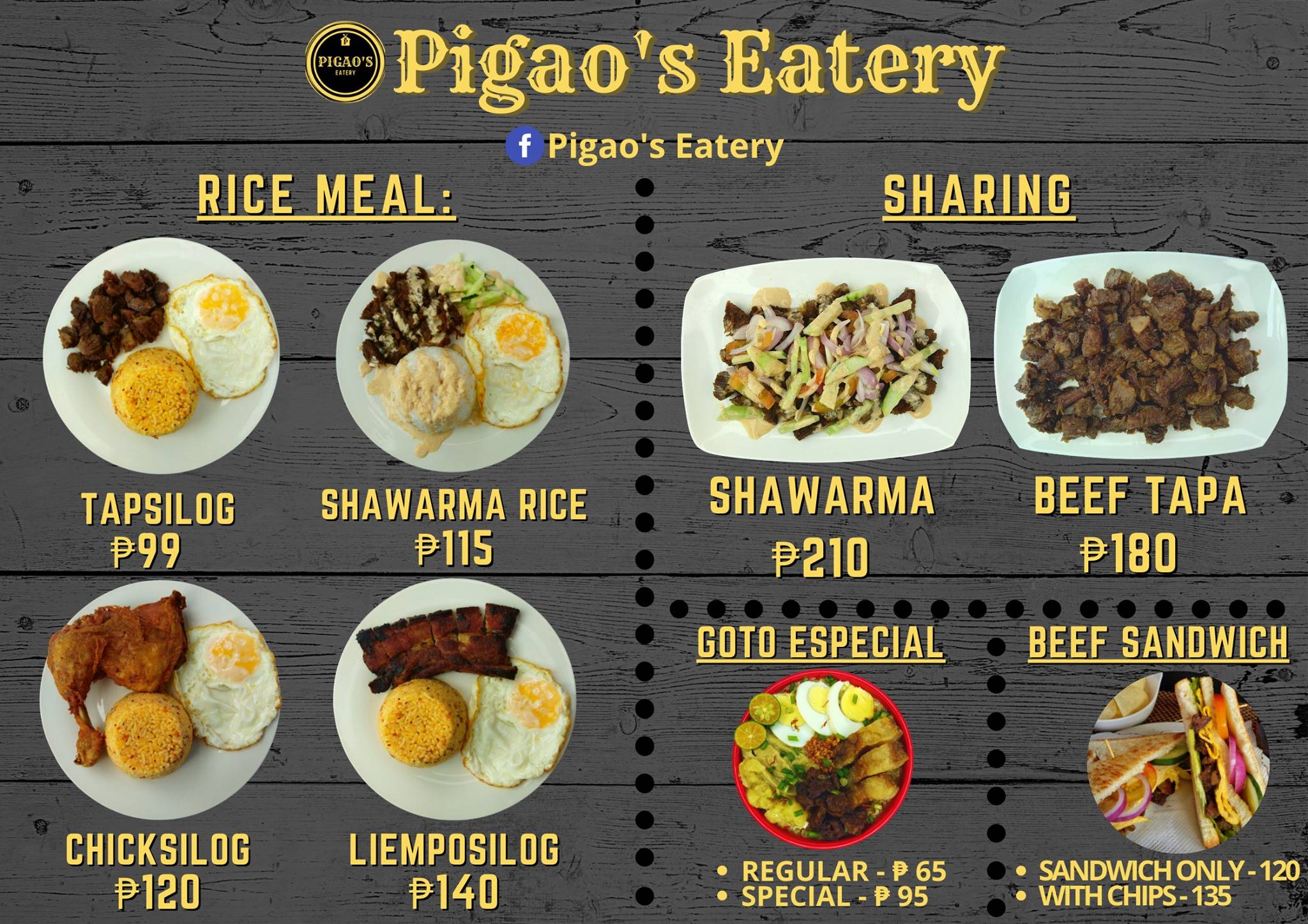 Menu at Pigao's Eatery restaurant, Las Pinas