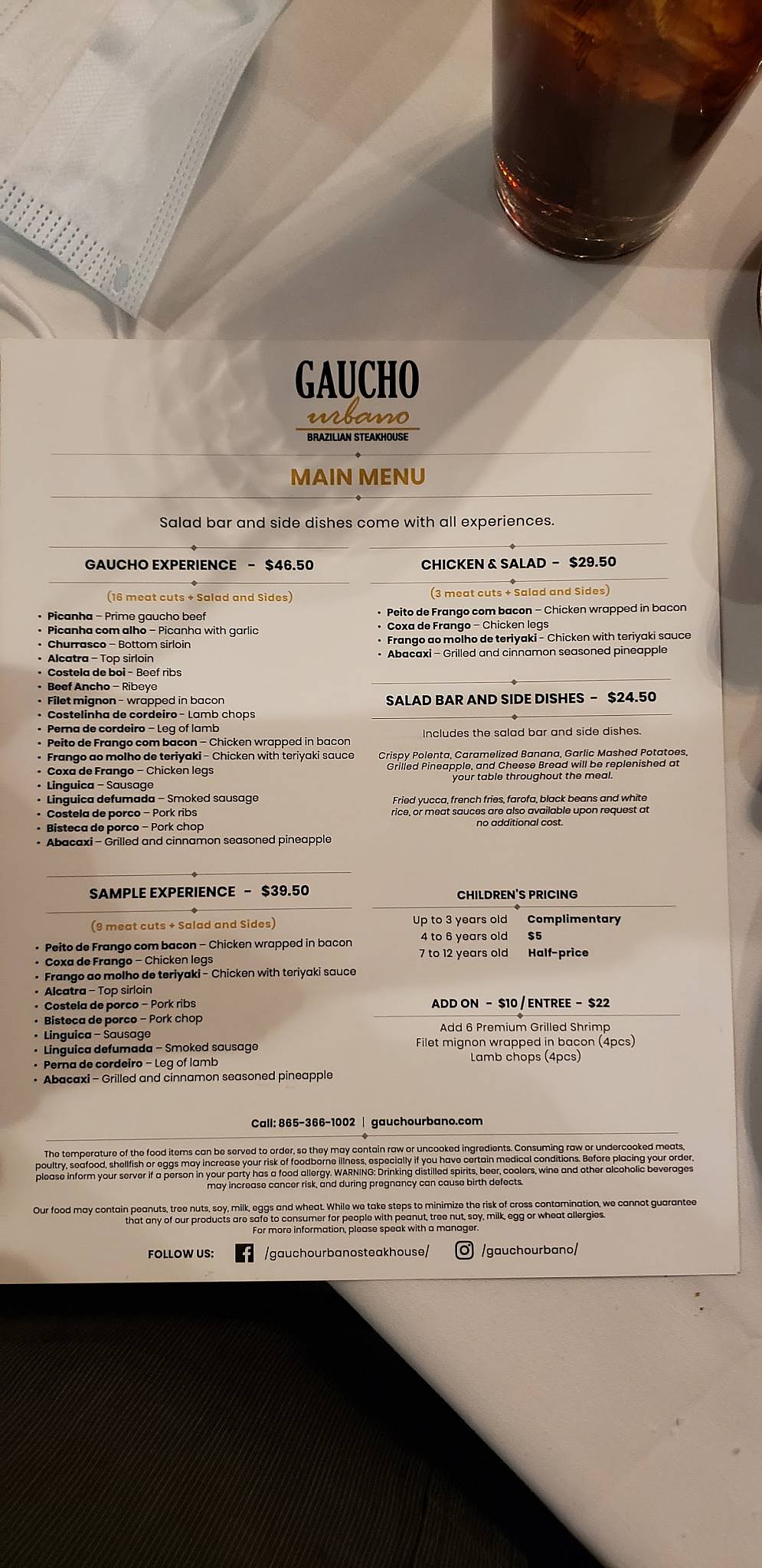 Menu at Gaucho Urbano - Brazilian Steakhouse, Pigeon Forge