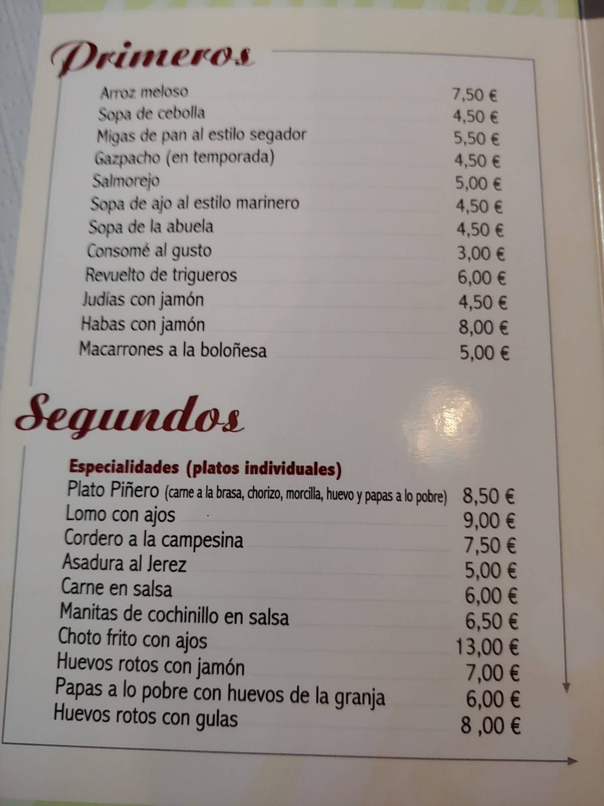 Carta de Restaurante Granja Escuela EL CASTILLO de Piñar, Píñar, C. Real