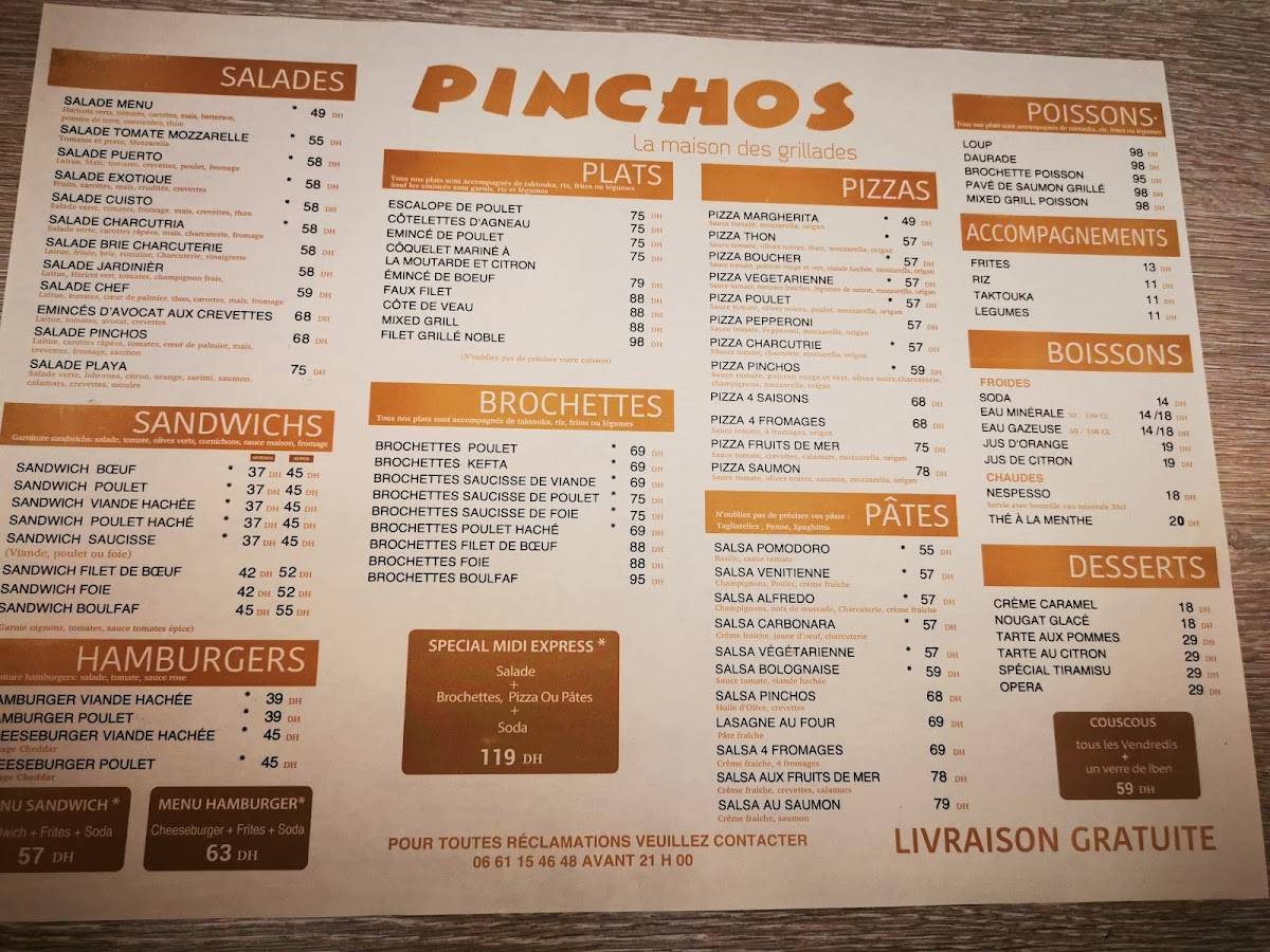 Menu au Pinchos restaurant, Rabat, X46M+HFJ