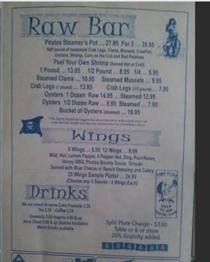 Menu at Pirates Deck pub & bar, Oak Island, E Oak Island Dr