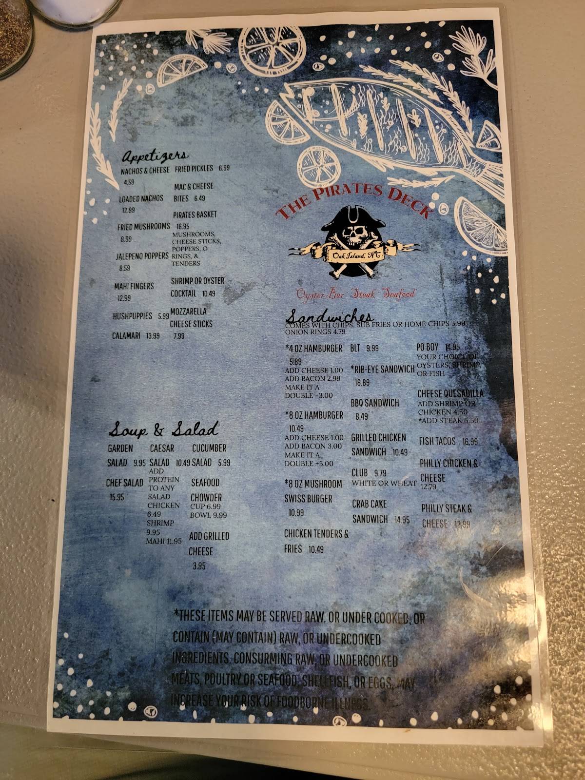 Menu at Pirates Deck pub & bar, Oak Island, E Oak Island Dr