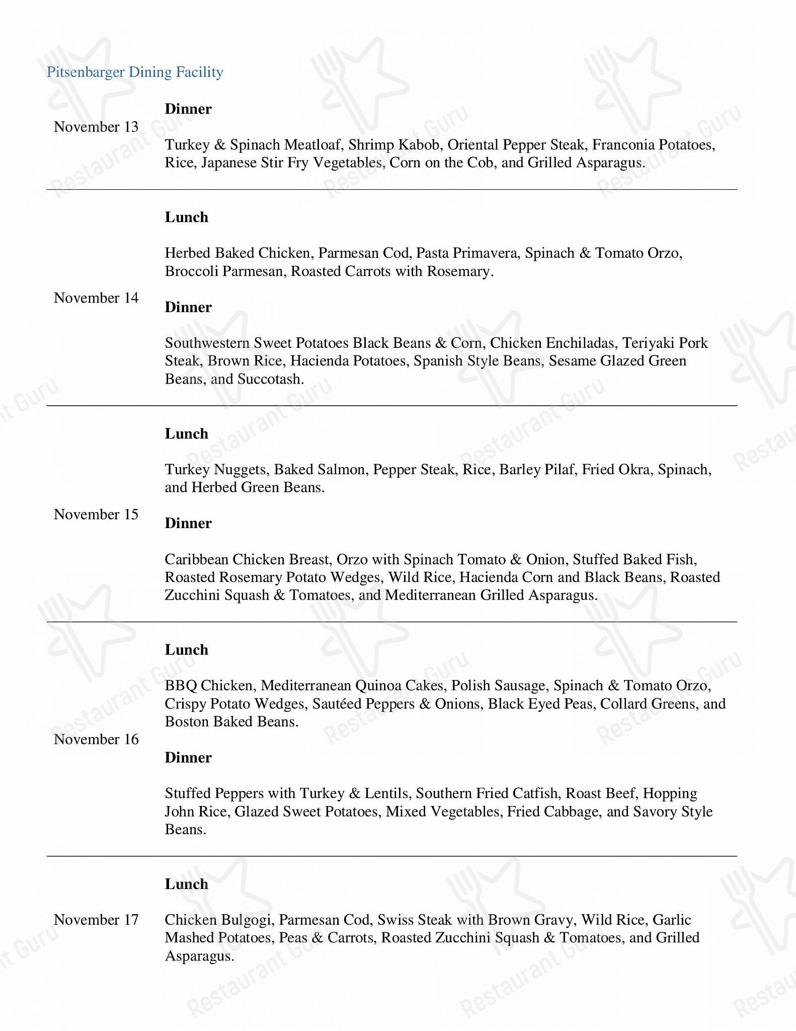 Menu at Pitsenbarger Dining Facility, Wright-Patterson Air Force Base