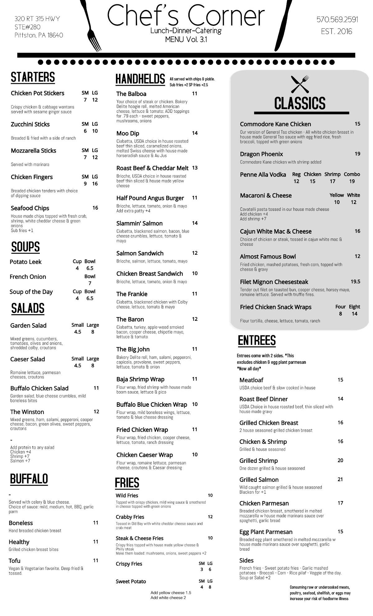 Menu at Chef's Corner restaurant, Yatesville, 320 PA-315 Suite #280