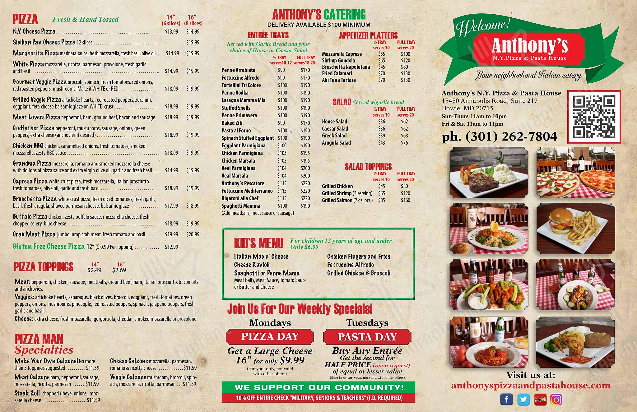 Menu at Anthony's NY Pizza and Pasta House pizzeria, Clarksville