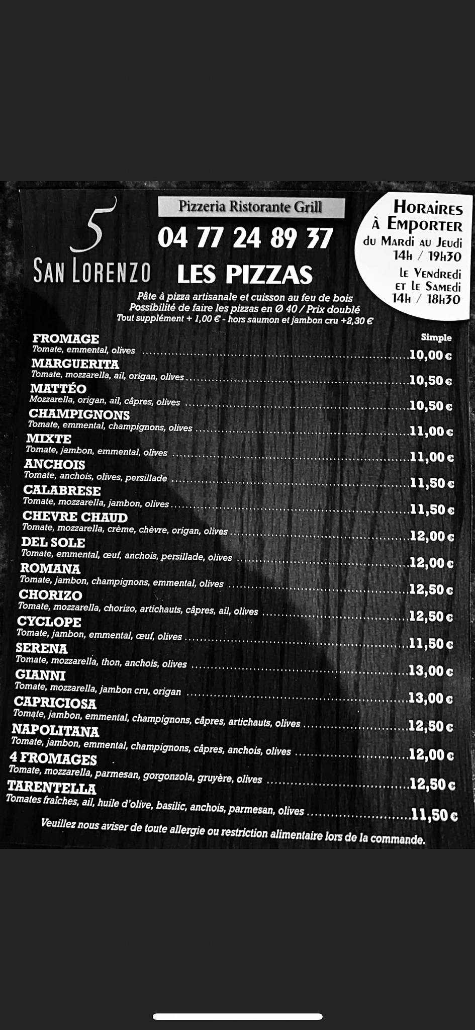 Menu au Pizzeria Boën San Lorenzo, Boën-sur-Lignon