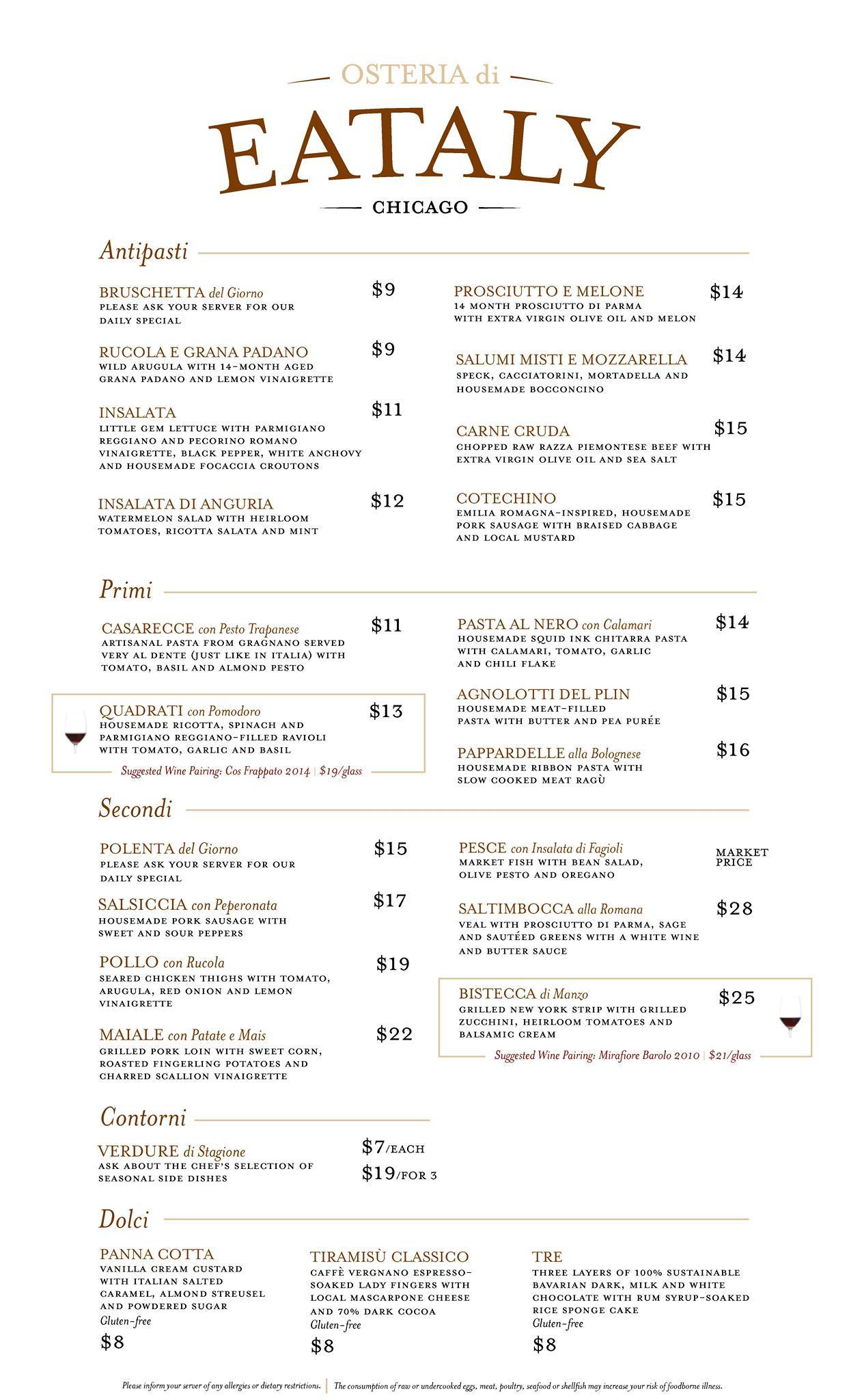 Menu at Eataly pizzeria, Chicago