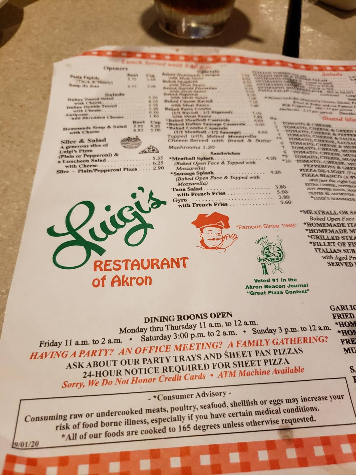 Menu at Luigi's Restaurant, Akron