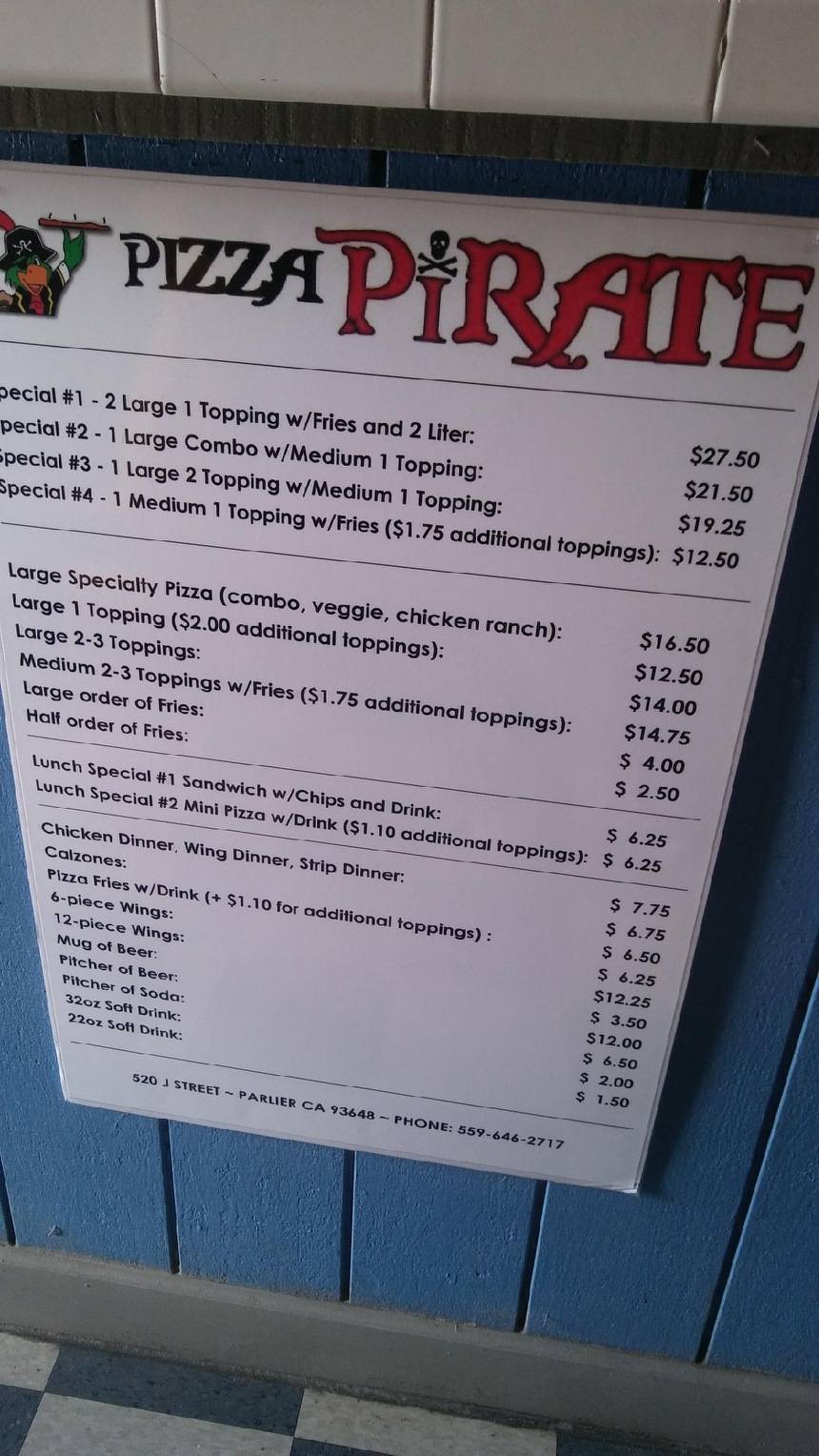 Menu at Pizza Pirate pizzeria, Parlier