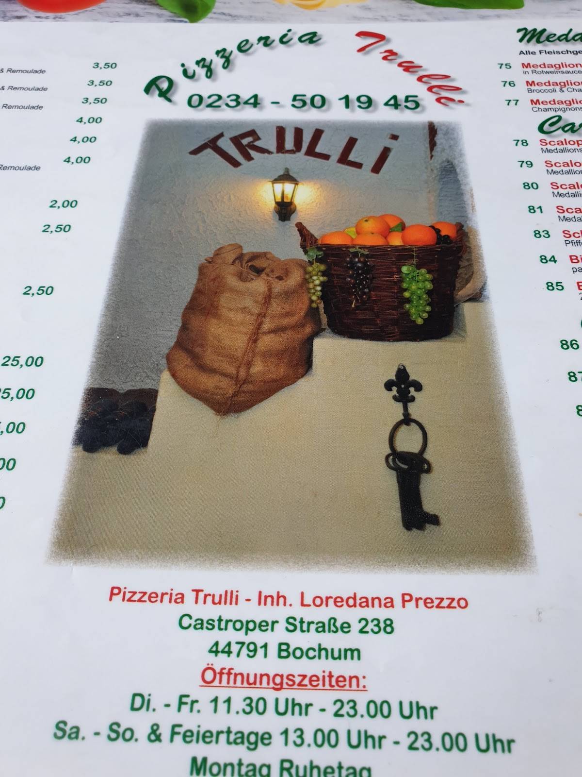 Carta de Pizzeria Trulli, Bochum, Castroper Str. 238