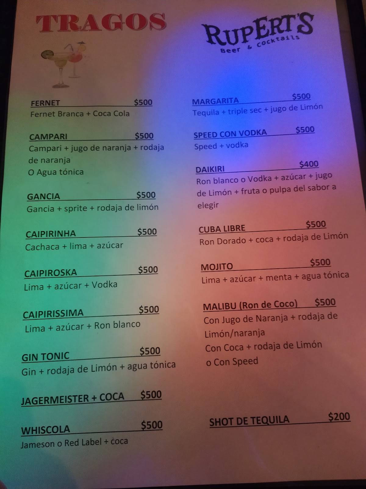Carta de Rupert's cerveceria y pizzas a la parrilla, Lomas de Zamora