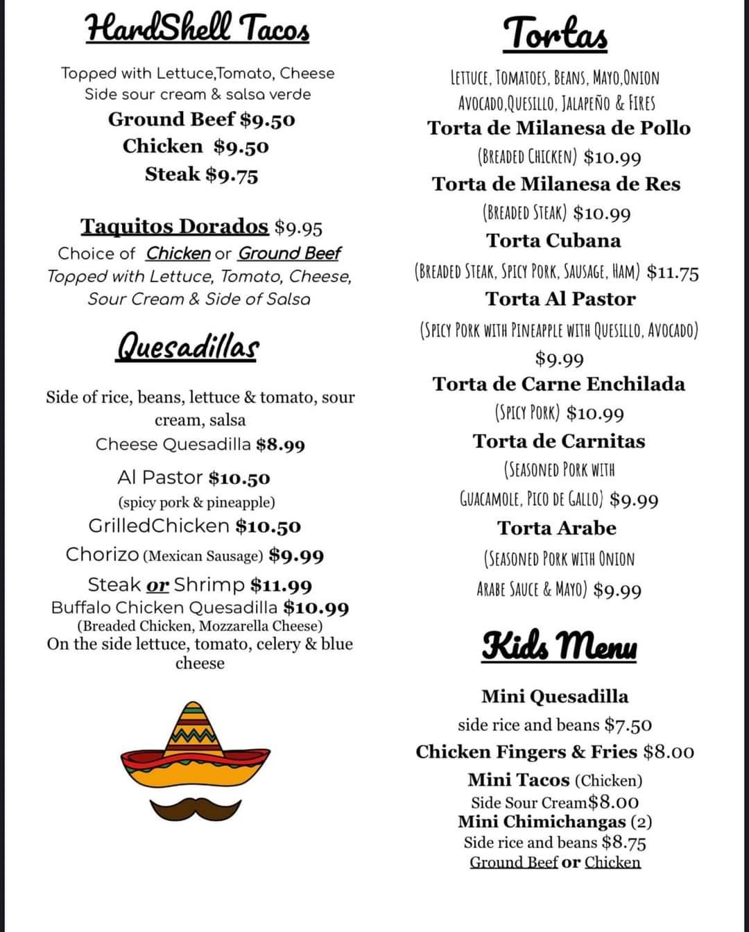 Menu at Tirado's Pizza Mexican Grill pizzeria, Kingston