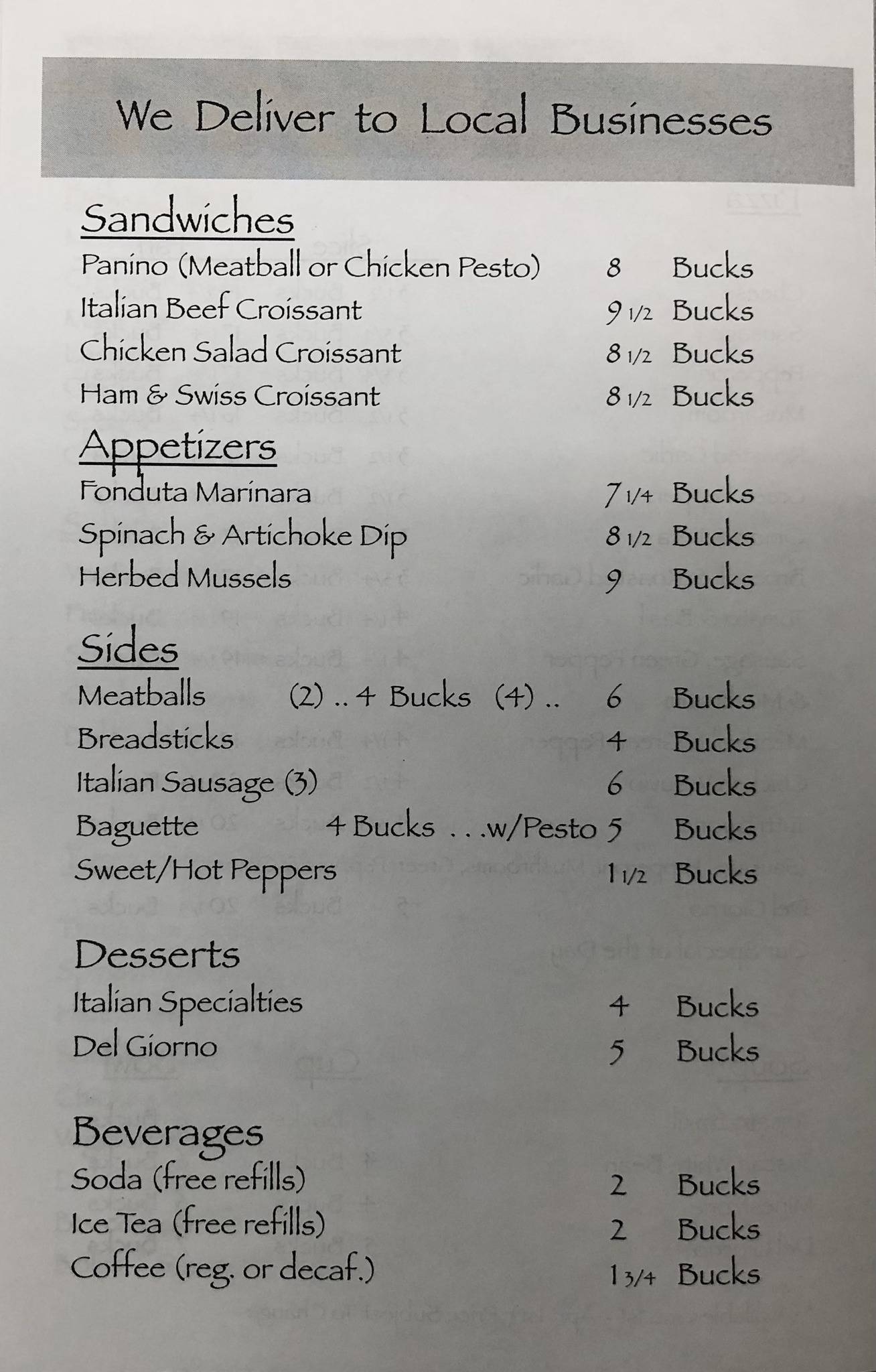 Menu at Pizzeria Venti, Vonore