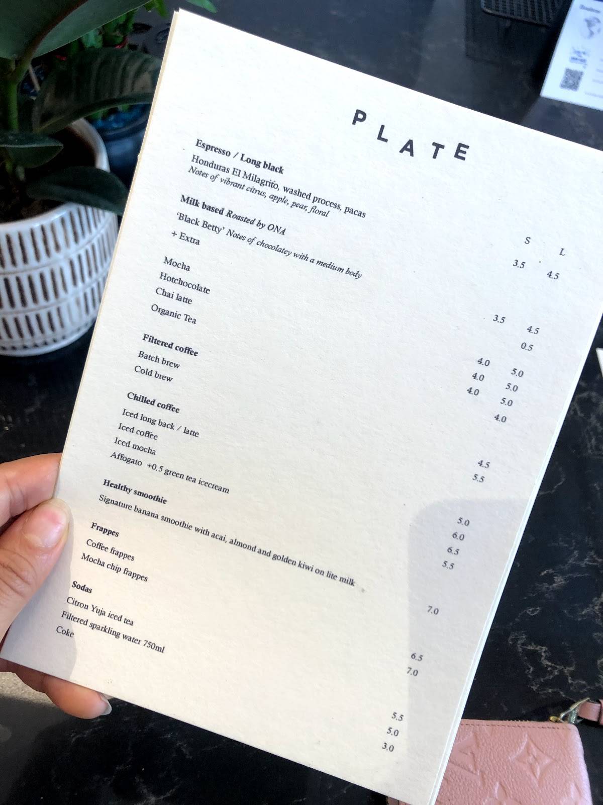 Menu at Plate Cafe, Sydney Olympic Park