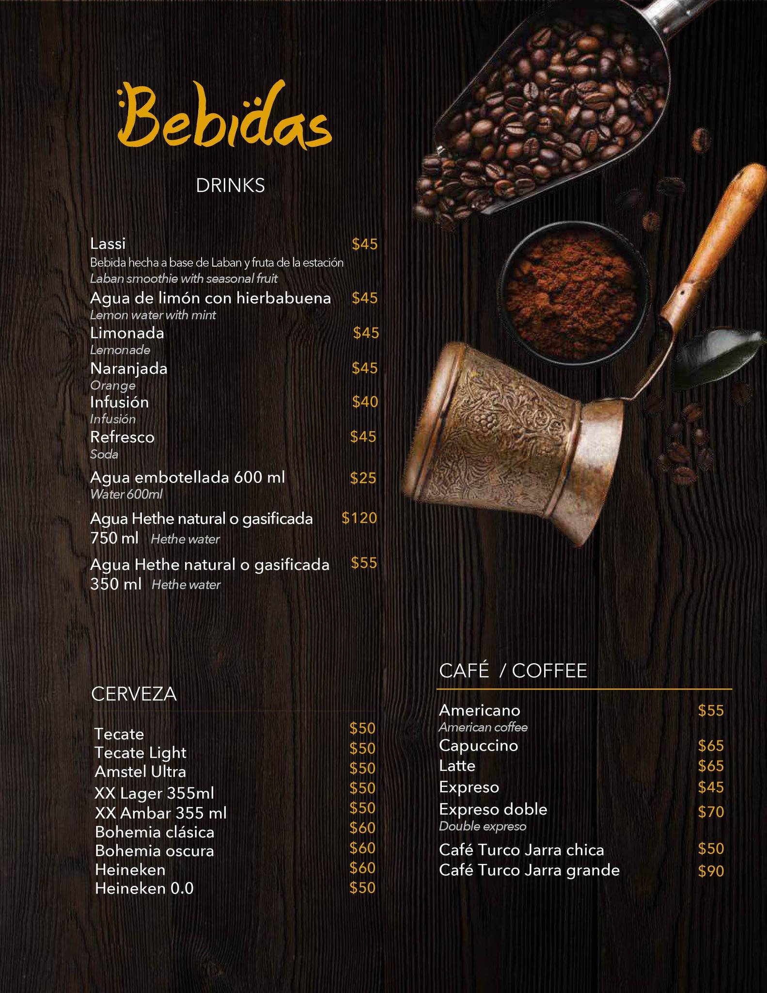 Menu at Tahini restaurant, Playa del Carmen