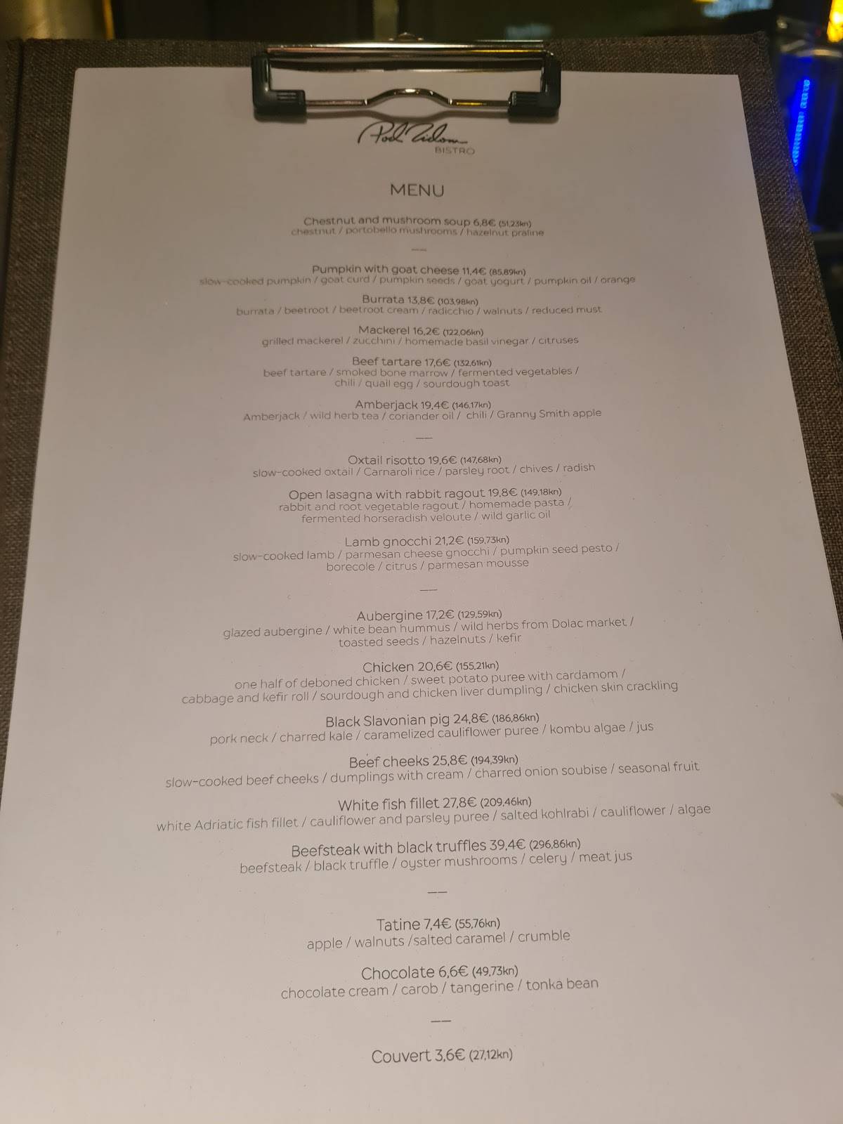Menu at Pod Zidom Bistro cafe, Zagreb