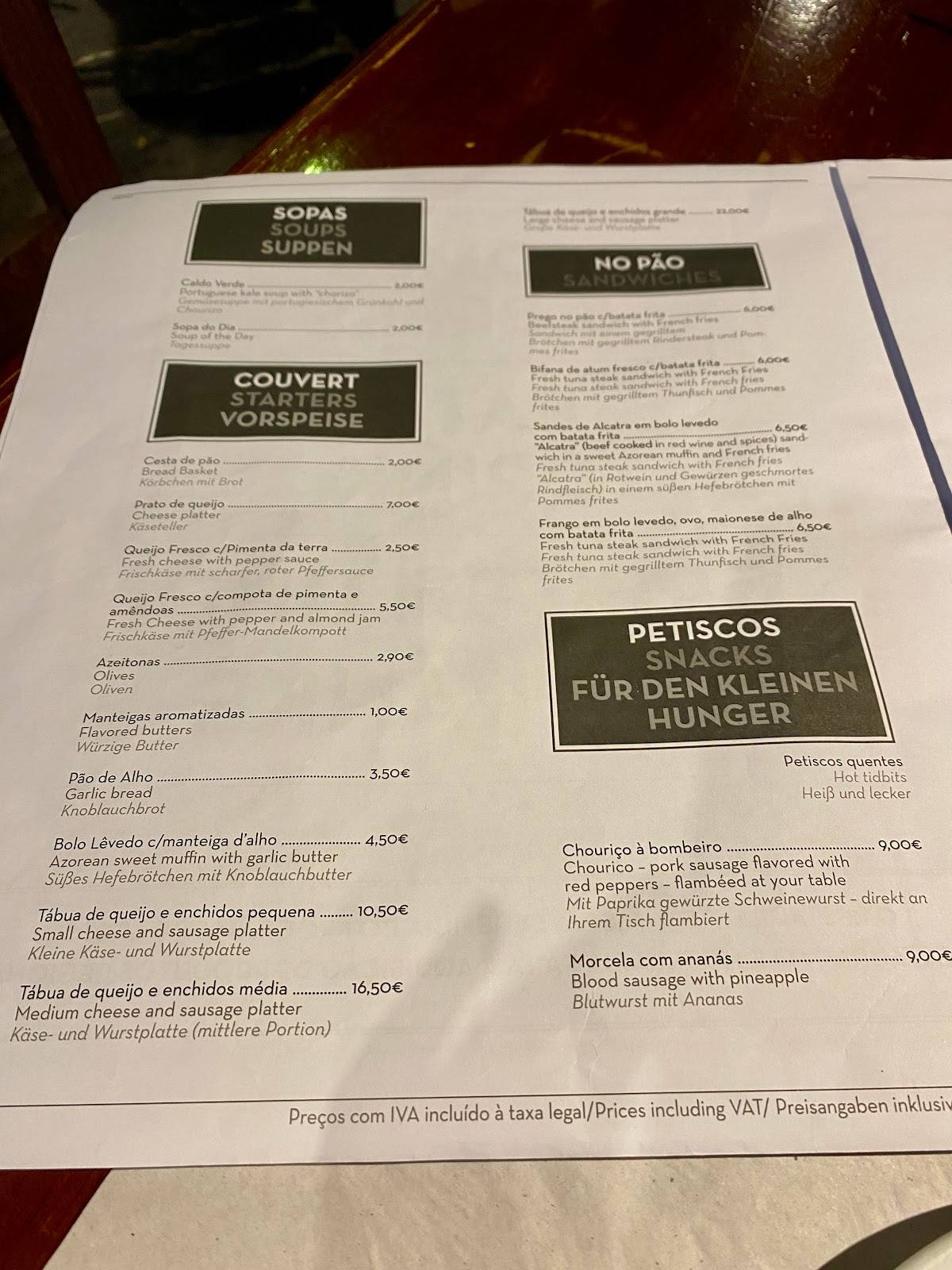 Menu at A Tasca restaurant, Ponta Delgada