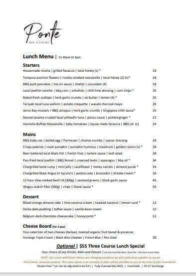 Menu at Ponte Bar and Dining, Nowra