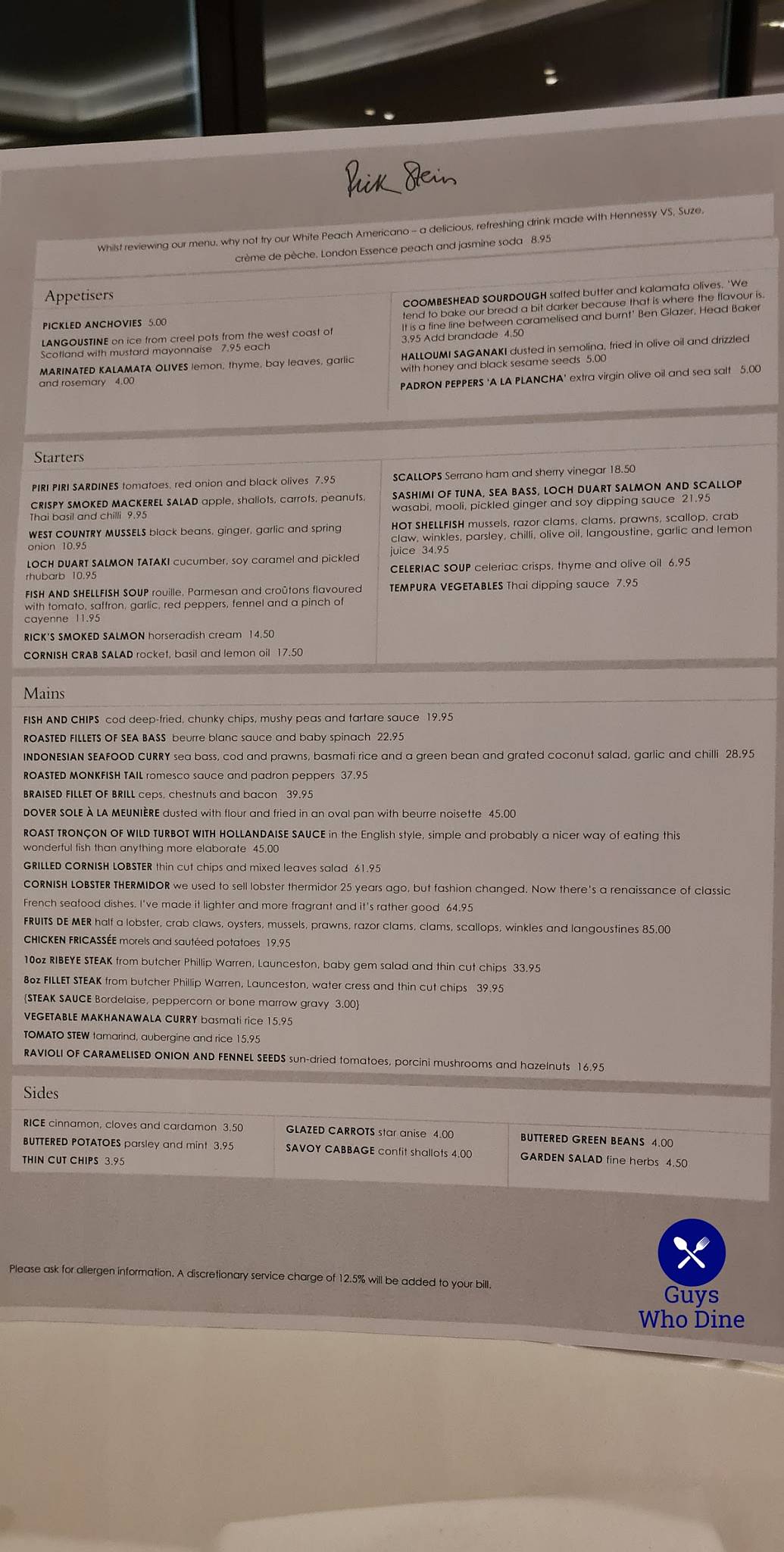 Menu at Rick Stein, Sandbanks restaurant, Poole