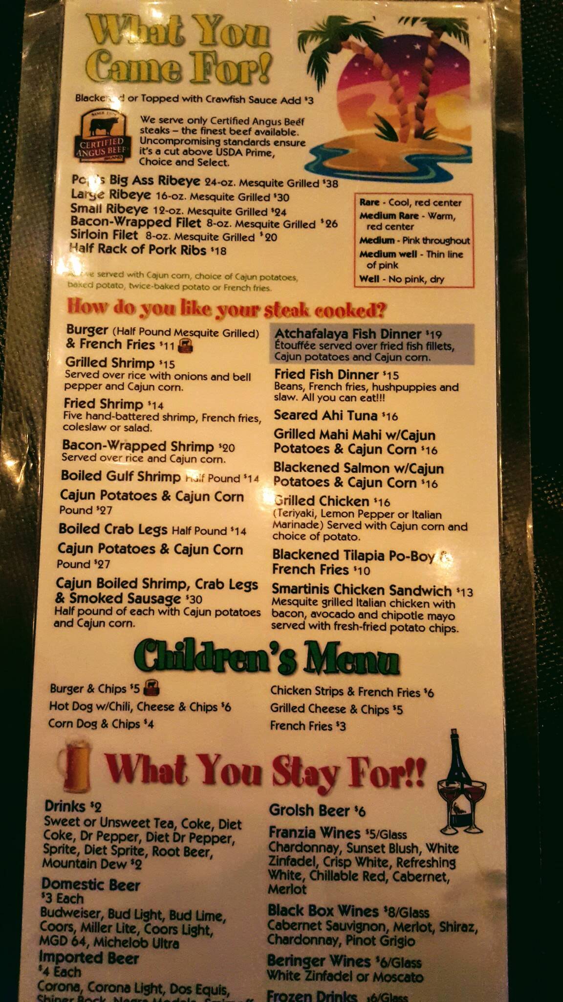 Menu at Pops Place steakhouse, Texarkana, US-67