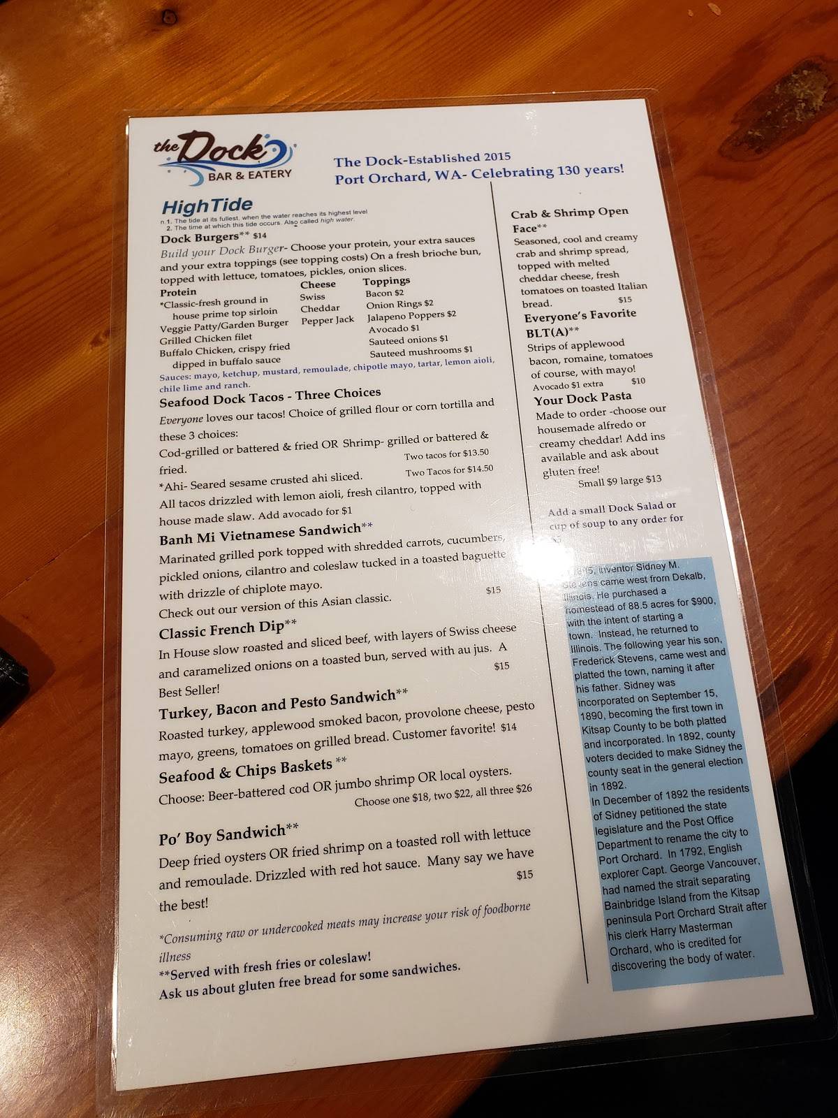 Menu at The Dock Bar & Eatery, Port Orchard