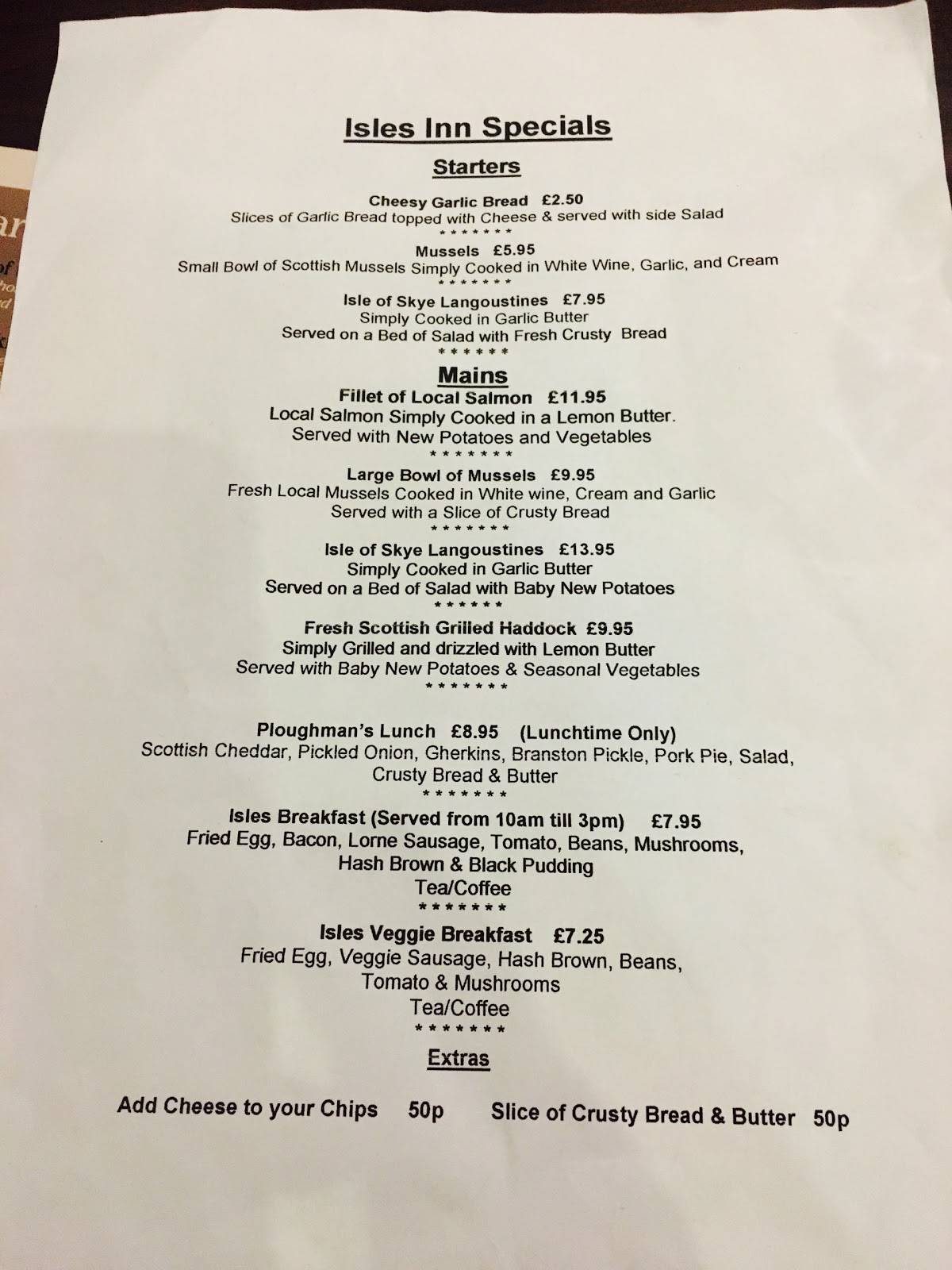 Menu at The Isles Inn pub & bar, Portree