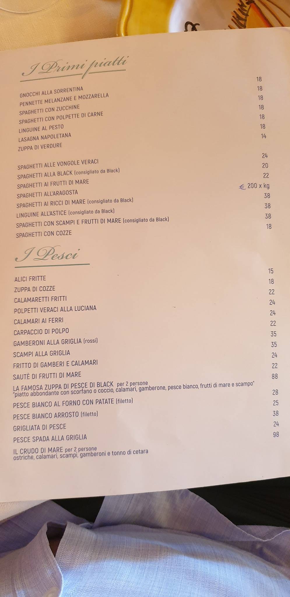 Menu at Chez Black restaurant, Positano