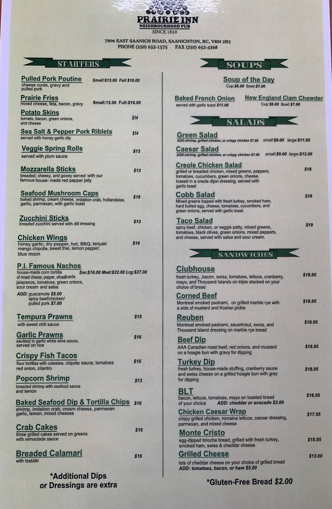 Menu at Prairie Inn Neighbourhood Pub, Saanichton
