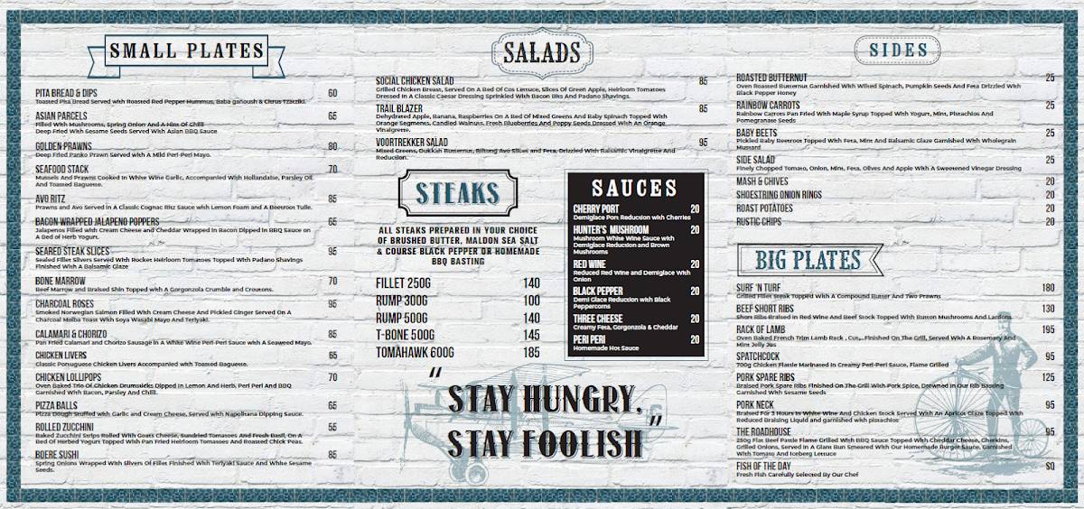 Menu at The Social Grill restaurant, Pretoria, 5 Boendoe Ave