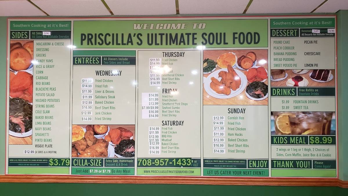 Menu at Priscilla's Ultimate Soulfood Cafeteria, Hazel Crest