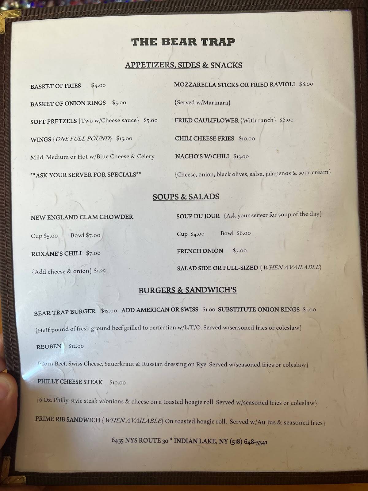 Menu at Bear Trap pub & bar, Indian Lake