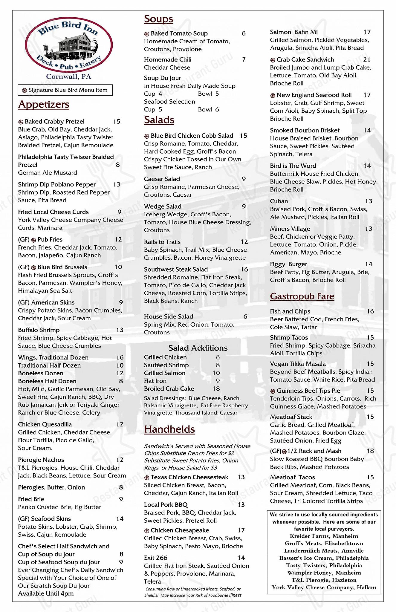 Menu at Blue Bird Inn restaurant, Lebanon