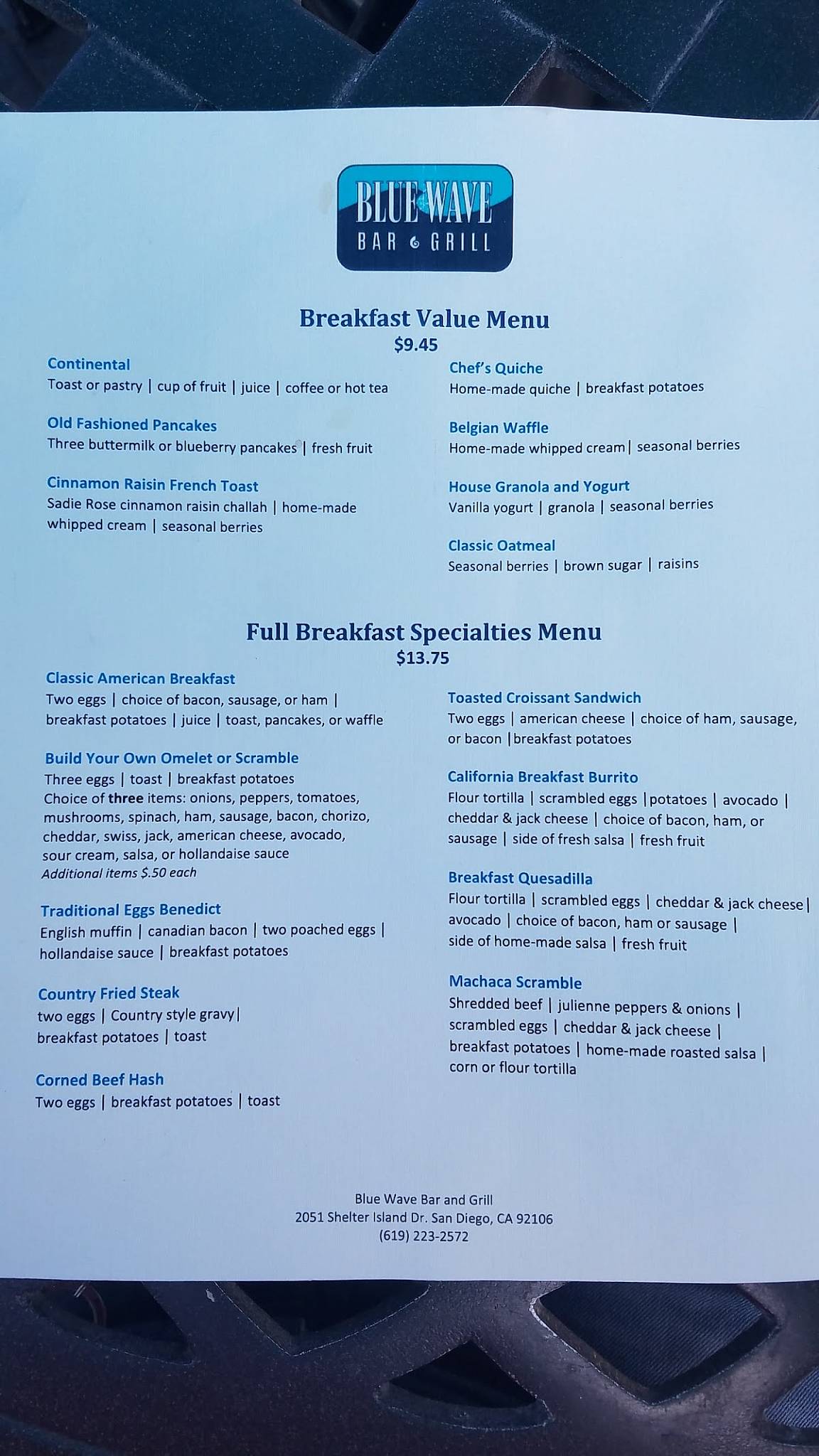 Menu at Blue Wave Bar & Grill, San Diego