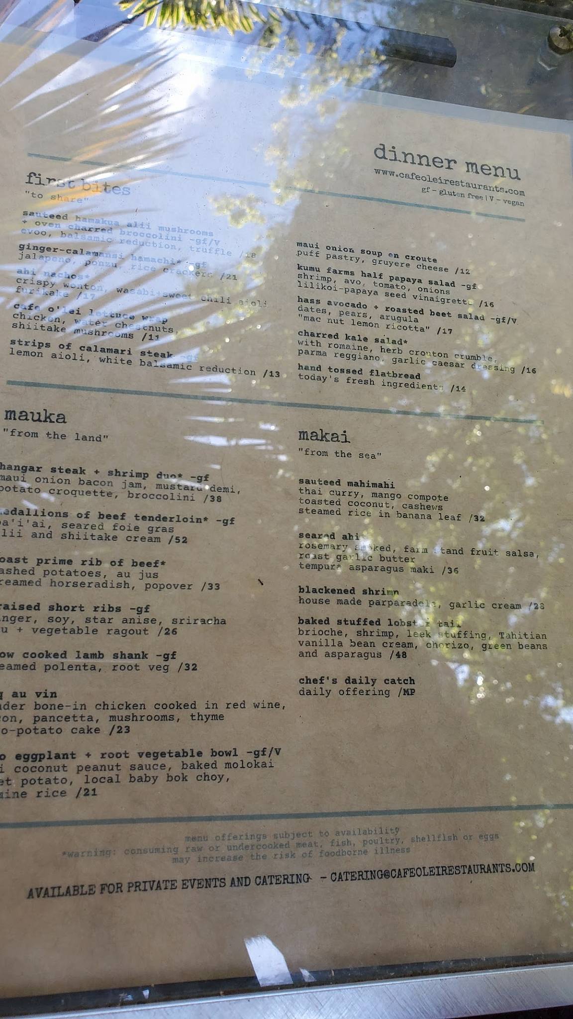 Menu at Cafe O'Lei at the Plantation, Wailuku, HI-30