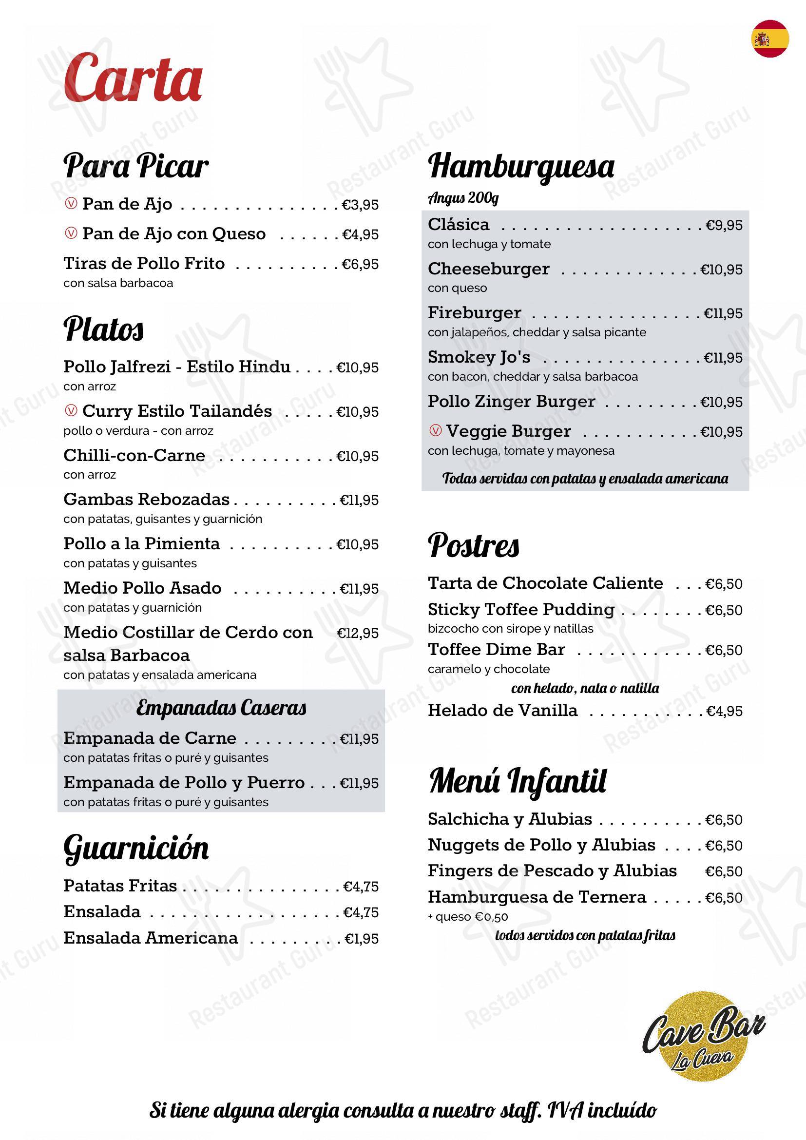 Menu at Cave Bar, Nerja