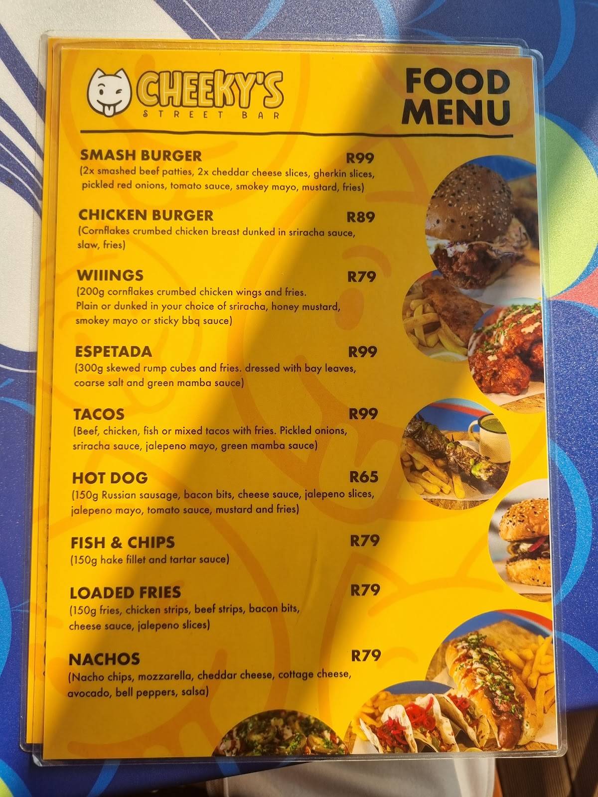 Menu at Cheeky's Street Bar, Pretoria