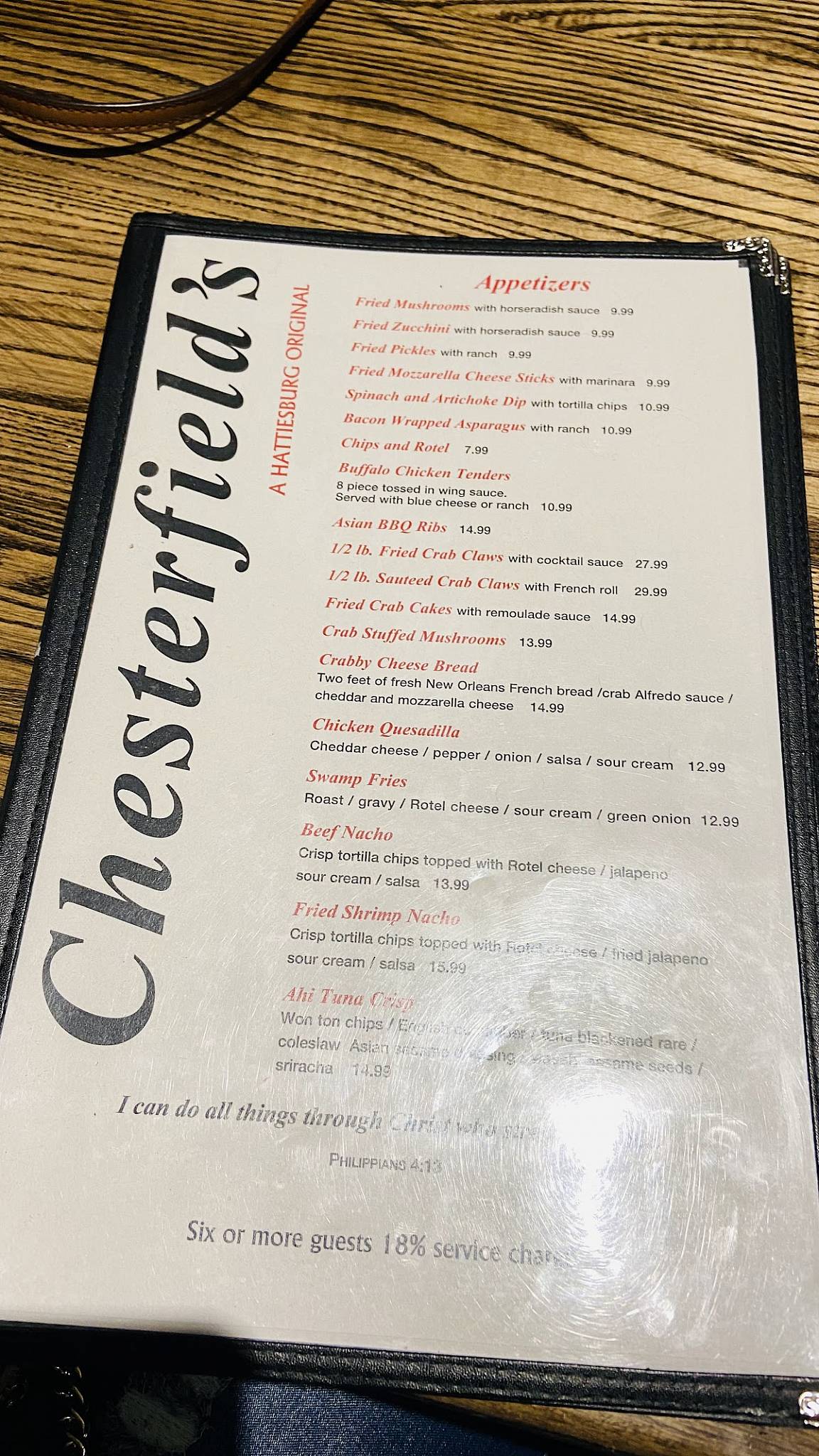 Menu at Chesterfield's pub & bar, Hattiesburg