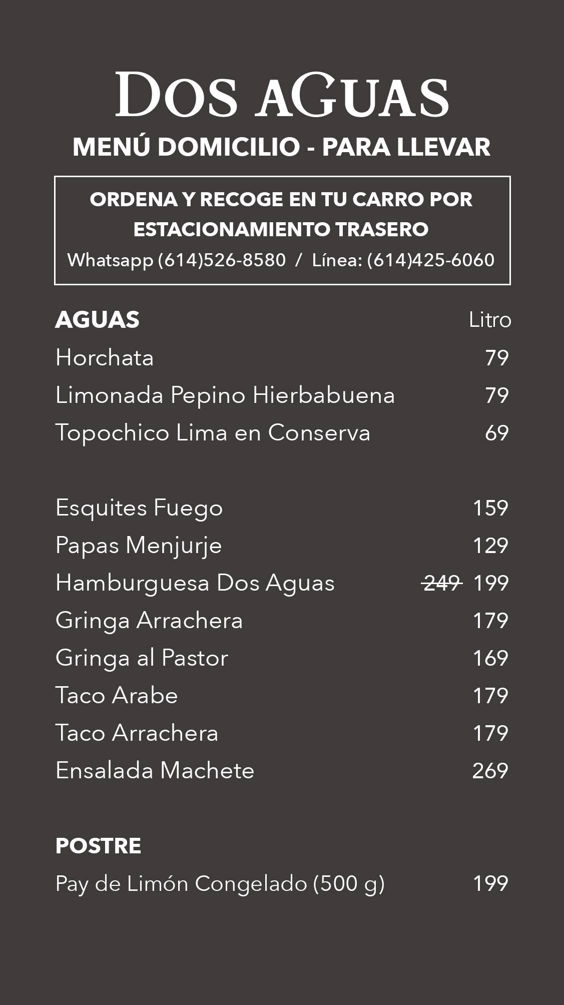 Carta del pub y bar Dos Aguas, Chihuahua