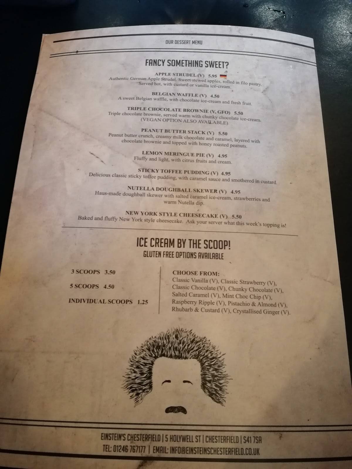 Menu at Einstein's pub & bar, Chesterfield