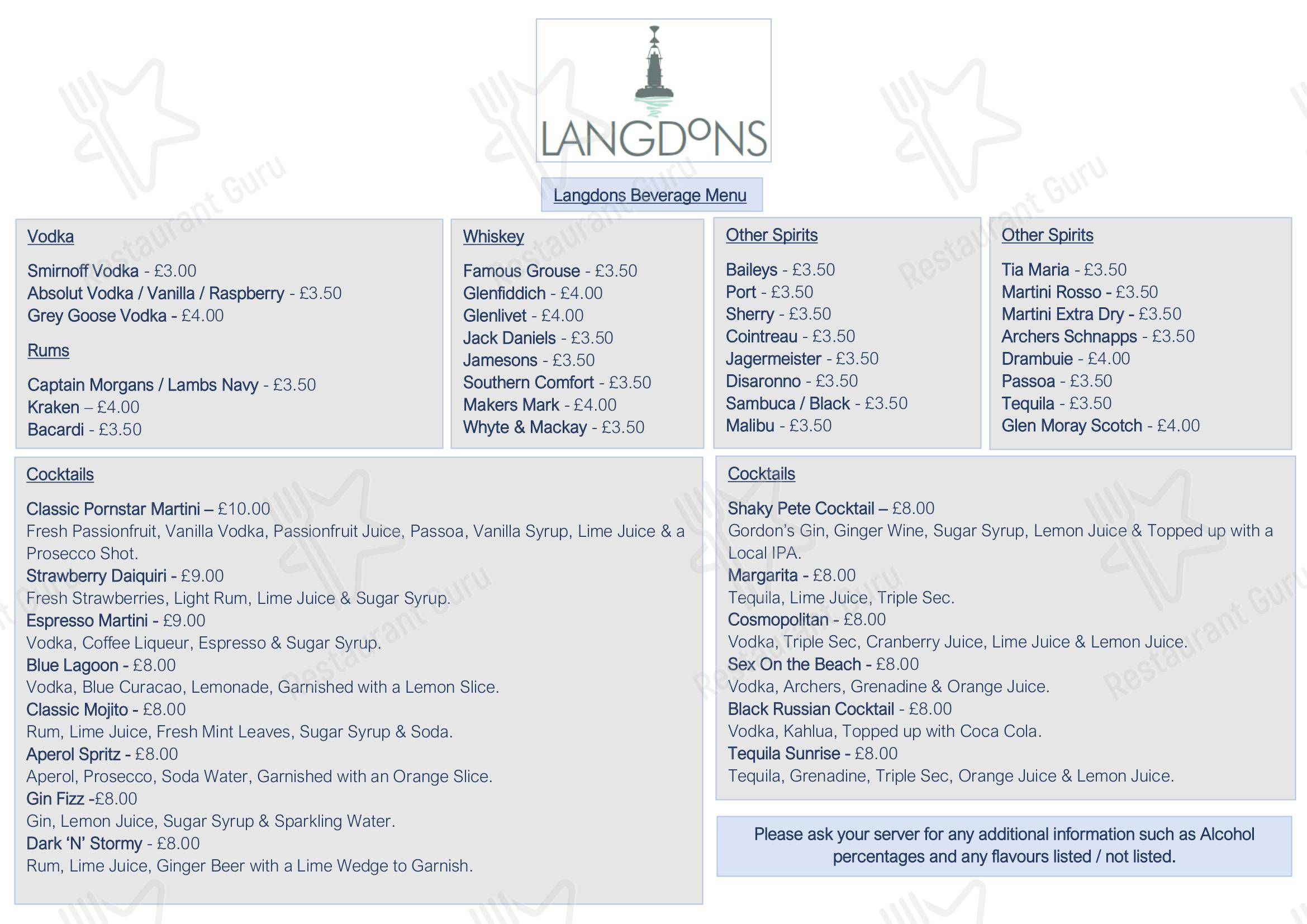 Menu at Langdons Restaurant And Bar, Holyhead