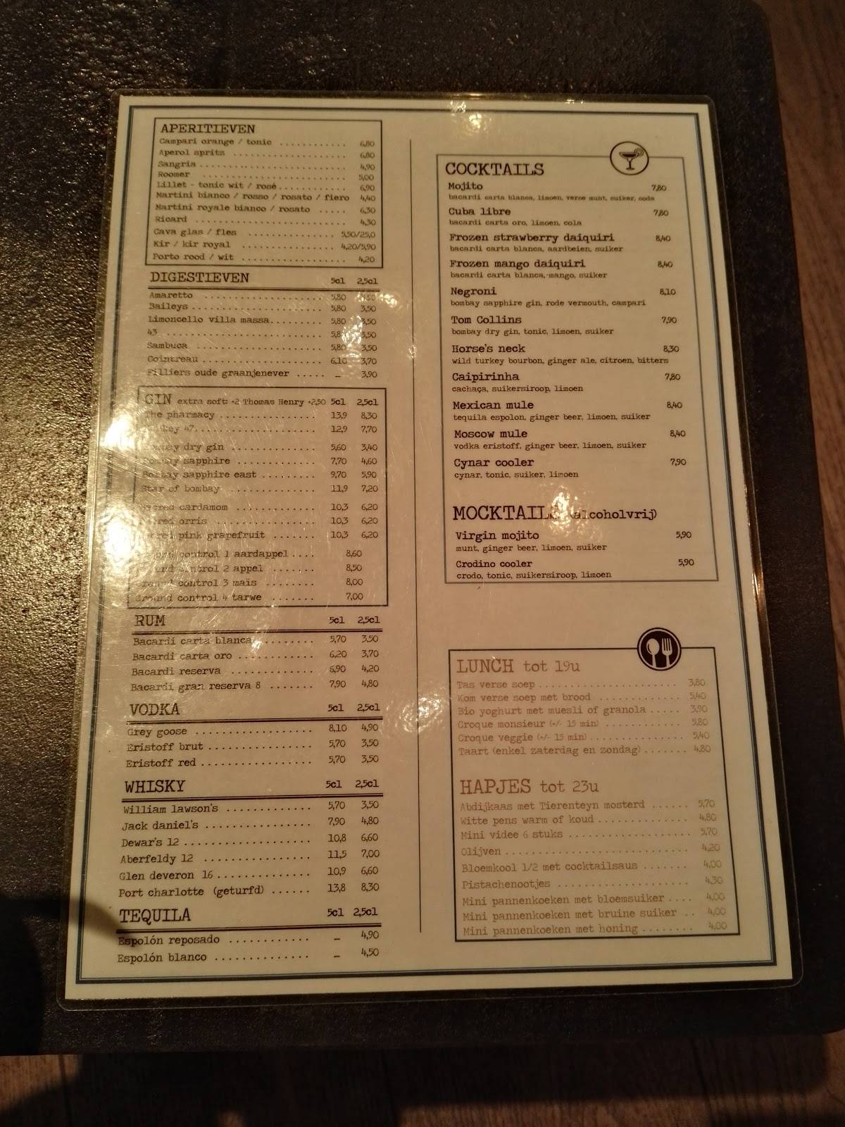 Menu at Le Bal Infernal - used book café, Ghent