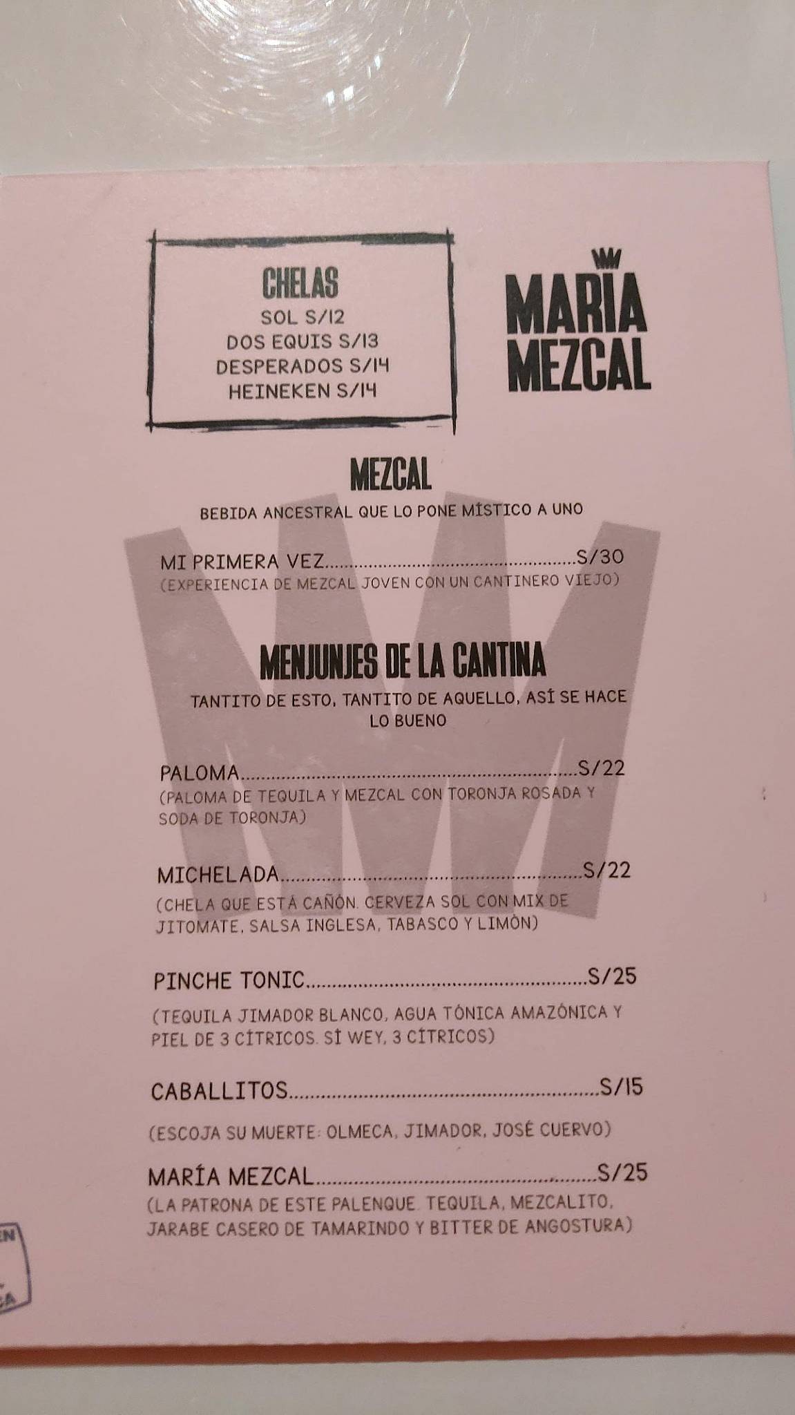 Carta del pub y bar Maria Mezcal, Miraflores