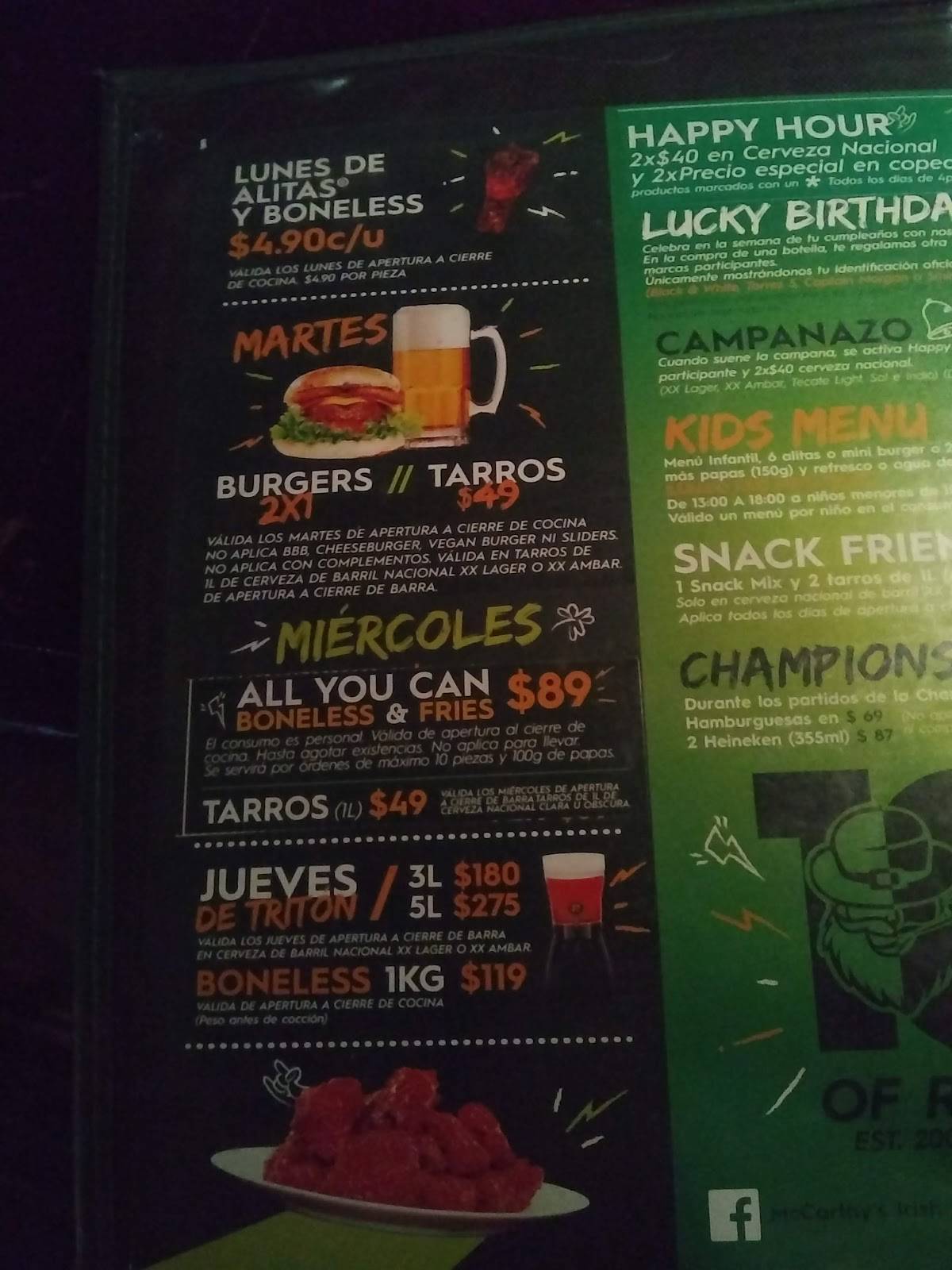 Carta de McCarthy's Irish Pub, Ciudad de México, C. Querétaro 207