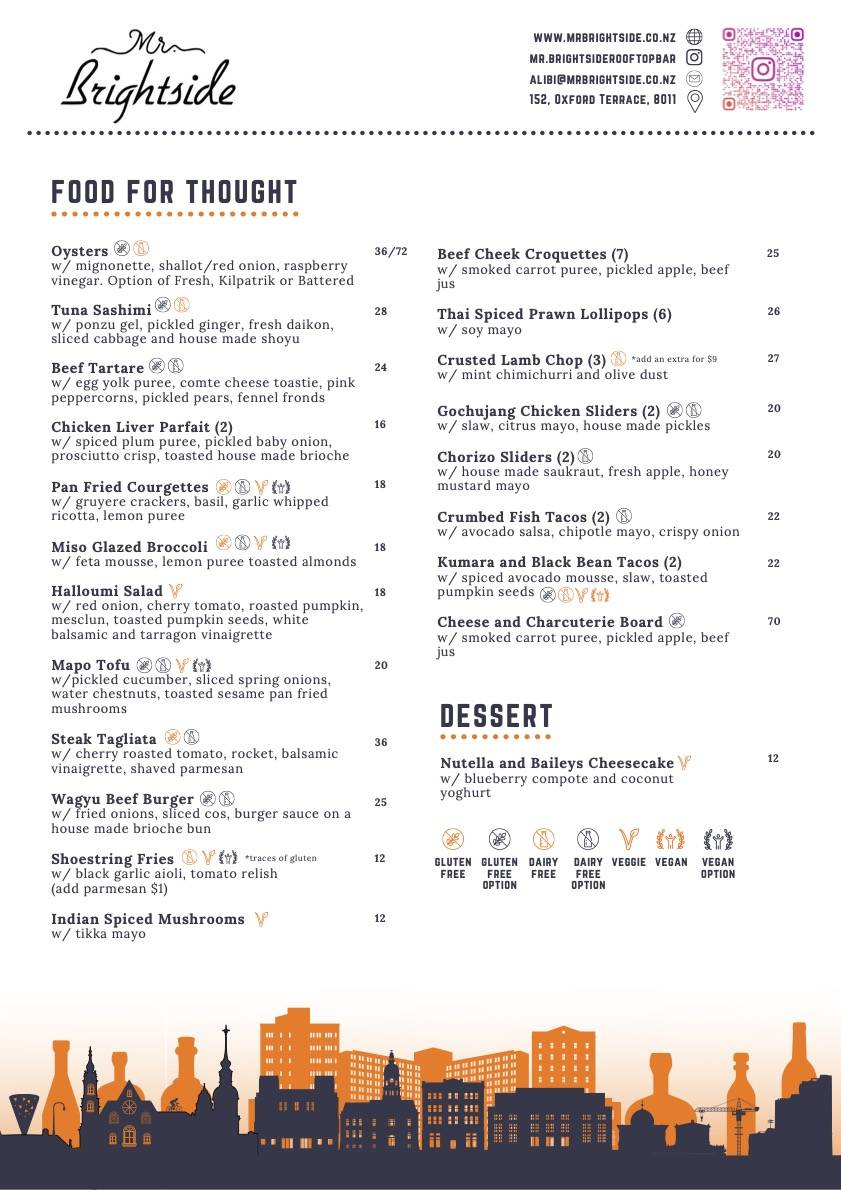 Menu at Mr. Brightside Rooftop Bar, Christchurch