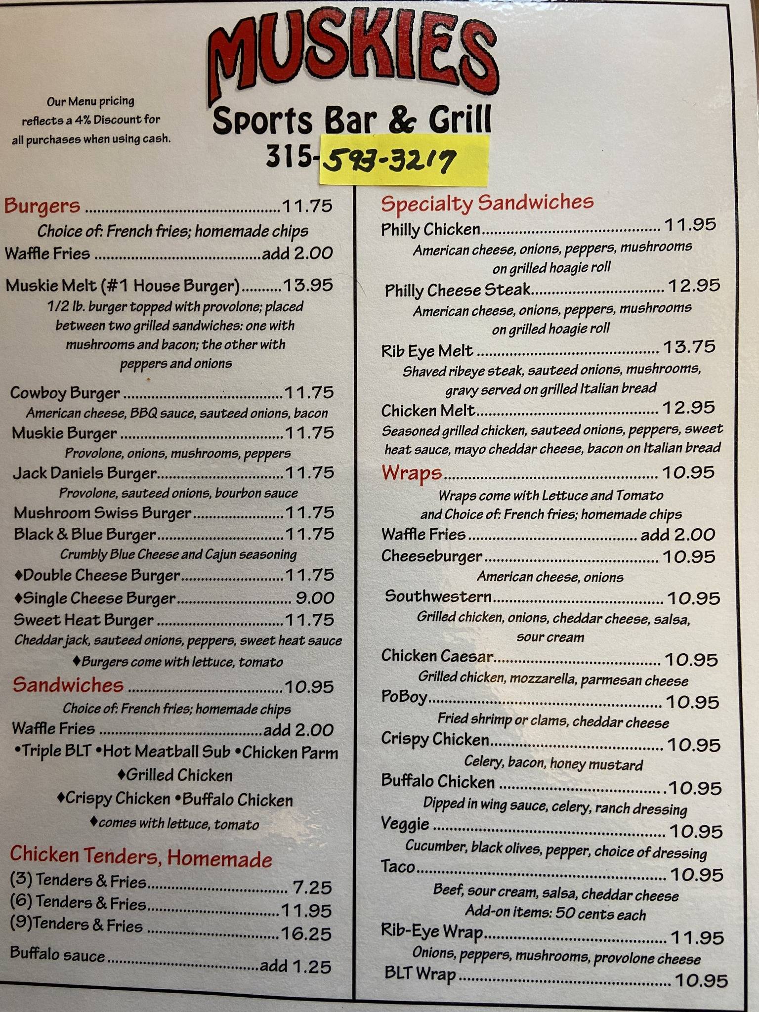 Menu at Muskies Sports Bar & Grill, Fulton