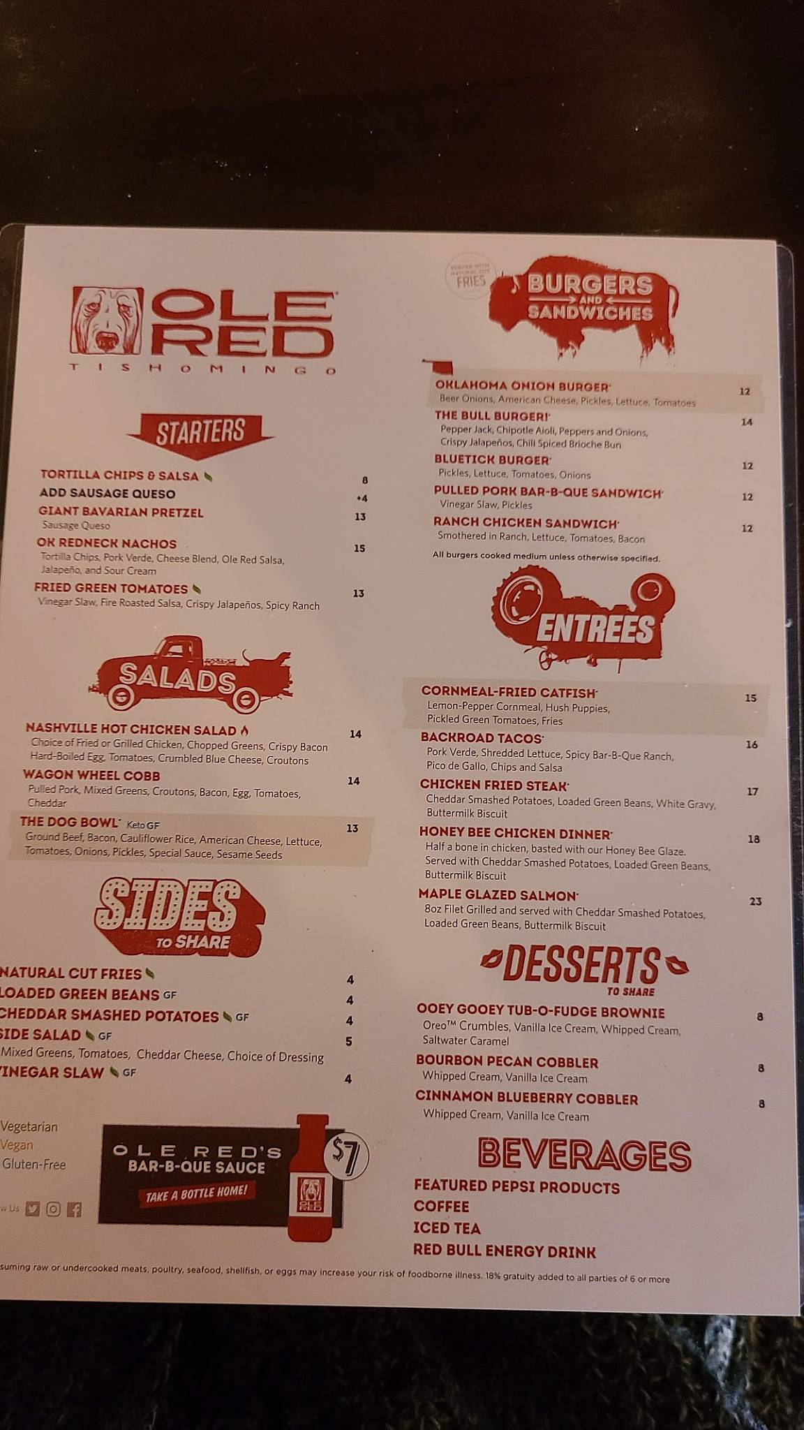 Menu at Ole Red pub & bar, Tishomingo