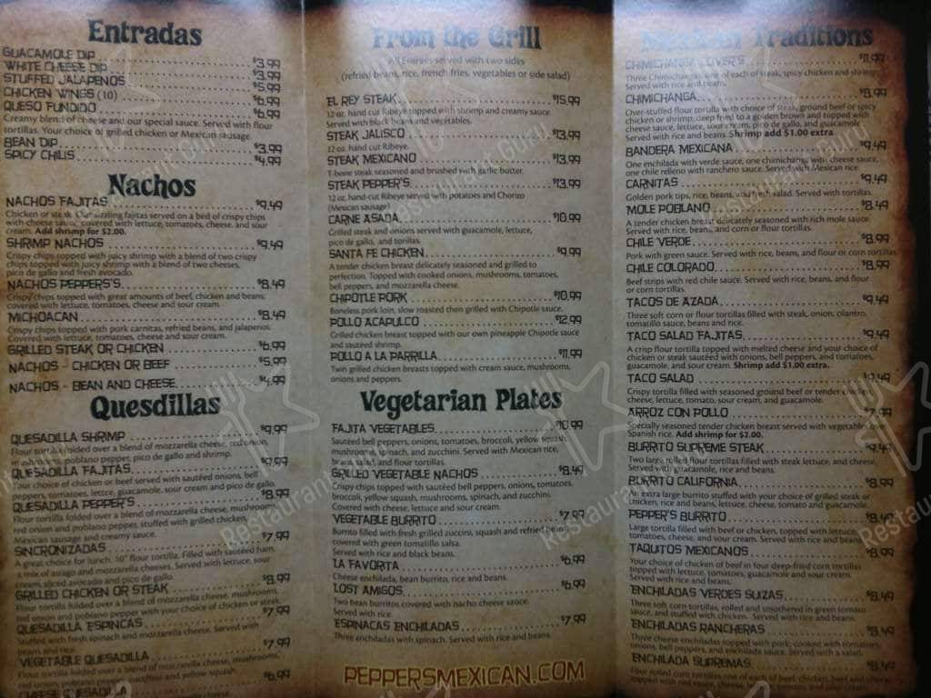 Menu at Pepper's Mexican Grill and Cantina pub & bar, Ormond Beach